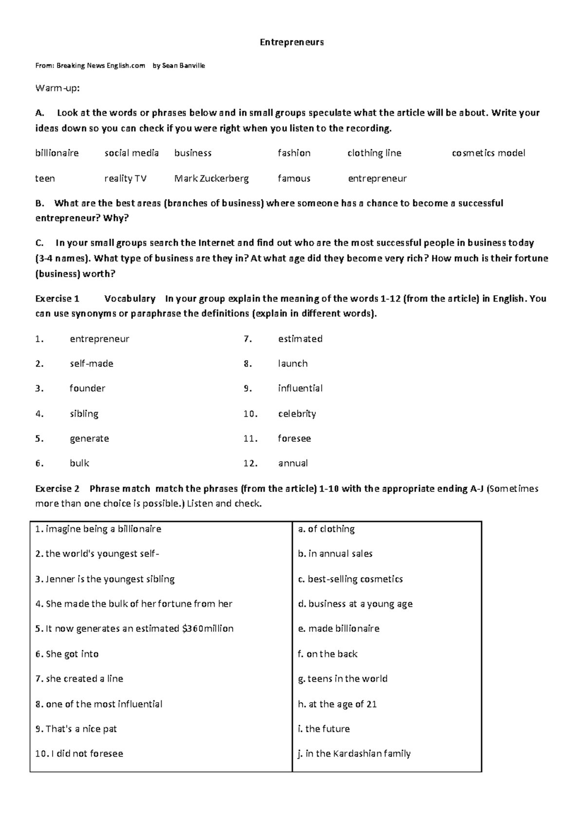 Entrepreneurs: Exercises and Vocabulary for Business Success - Studocu