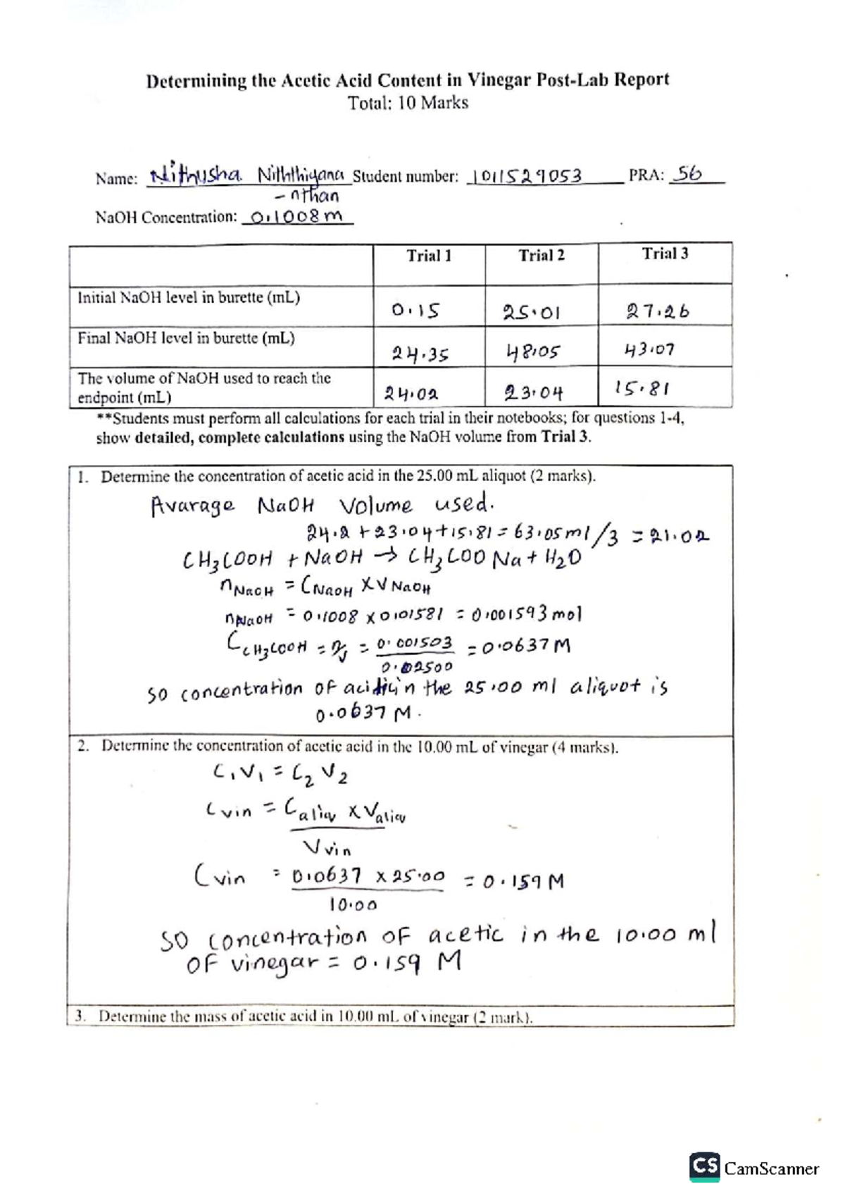 Lab 2 Post Lab: Acetic Acid Content in Vinegar Report - Studocu