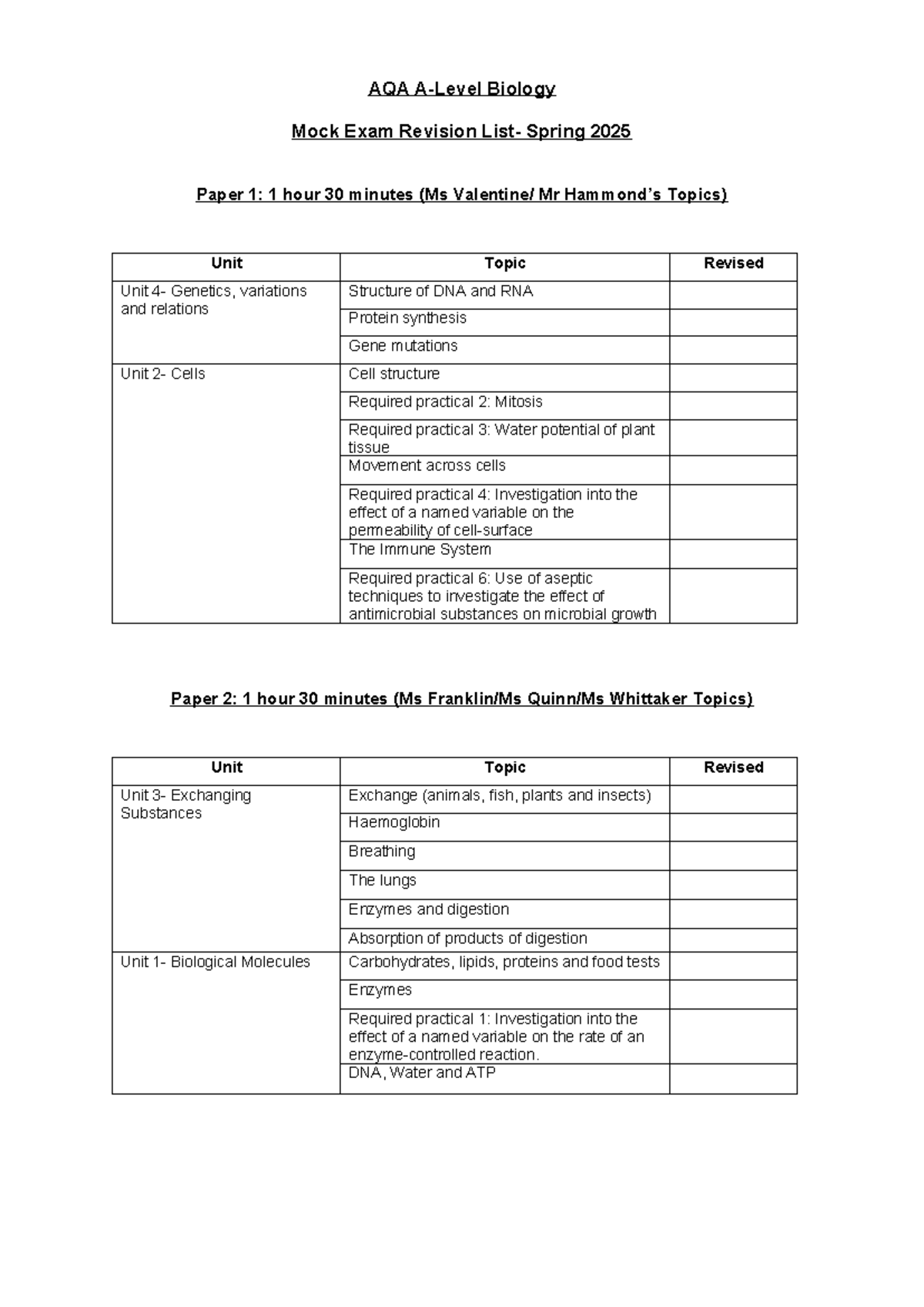 AQA Biology Y12 Mock Exam Revision Sheet - Spring 2025 - Studocu