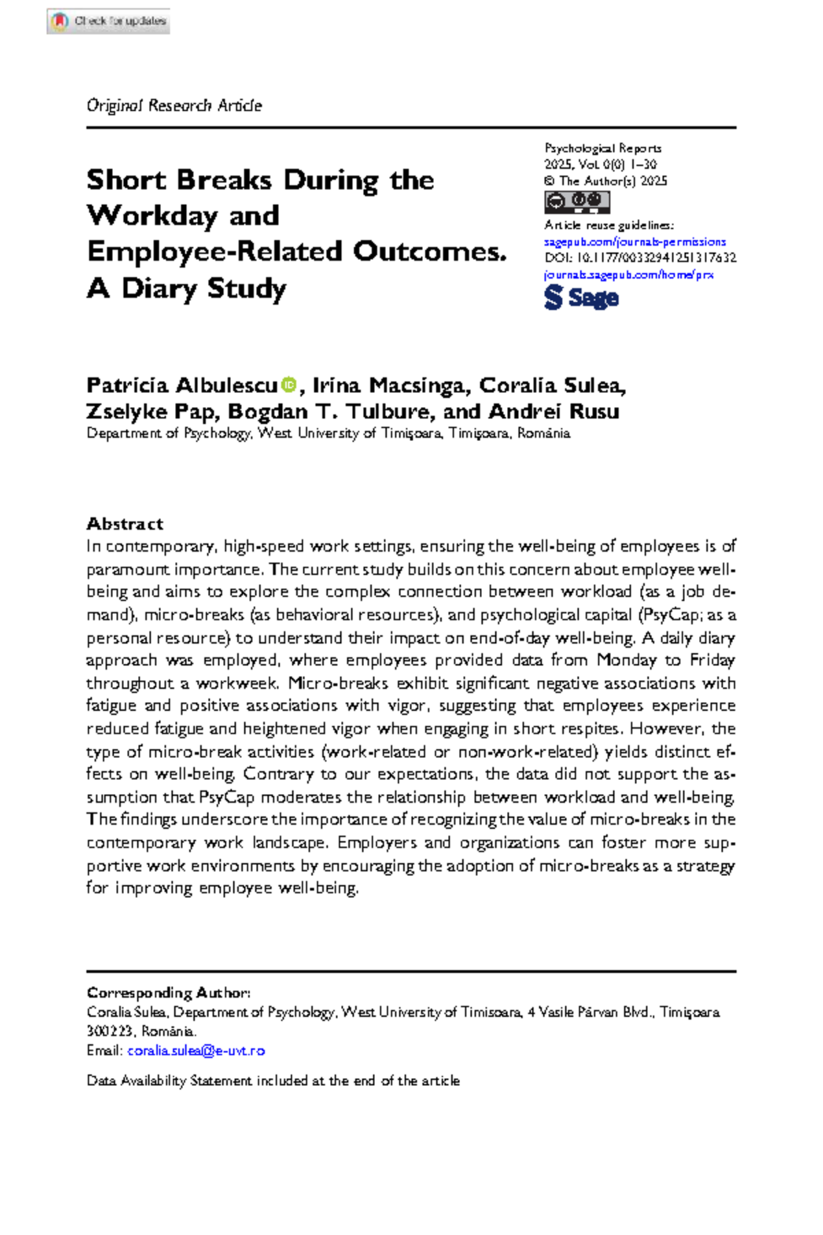 Short Breaks During the Workday: Effects on Employee Wellbeing - Diary ...