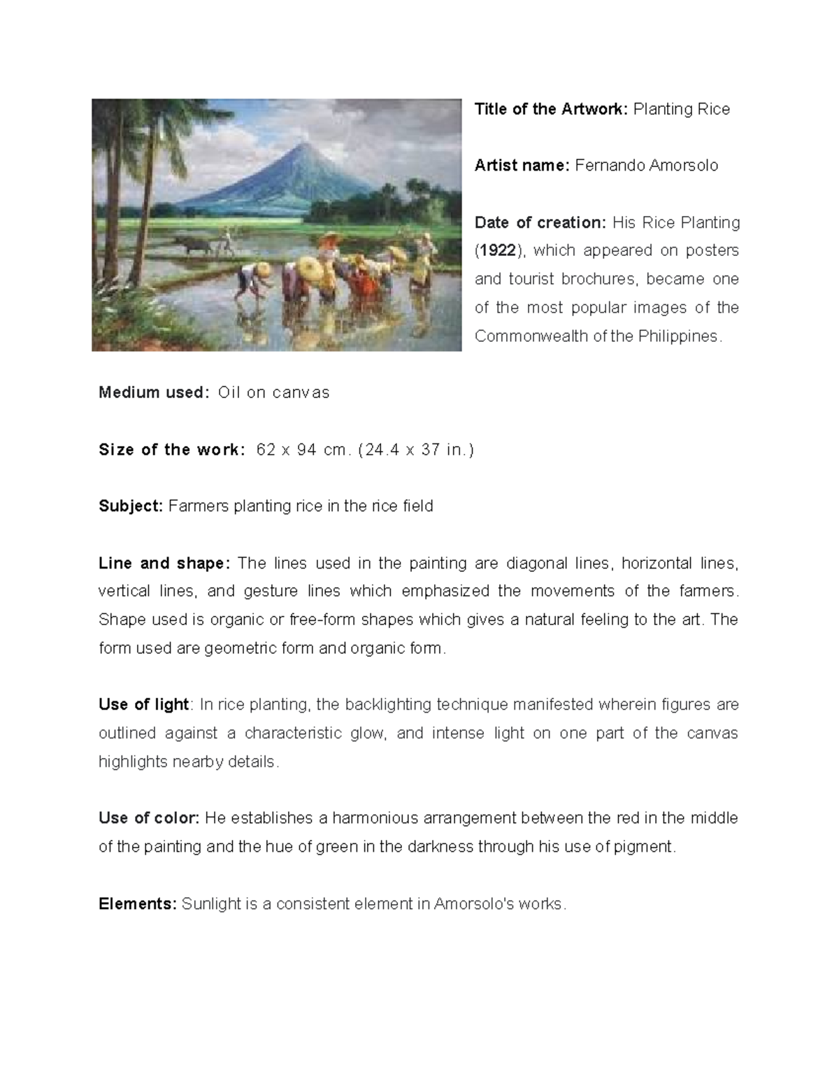 Analysis of 'Planting Rice' by Fernando Amorsolo - Assignment - Studocu