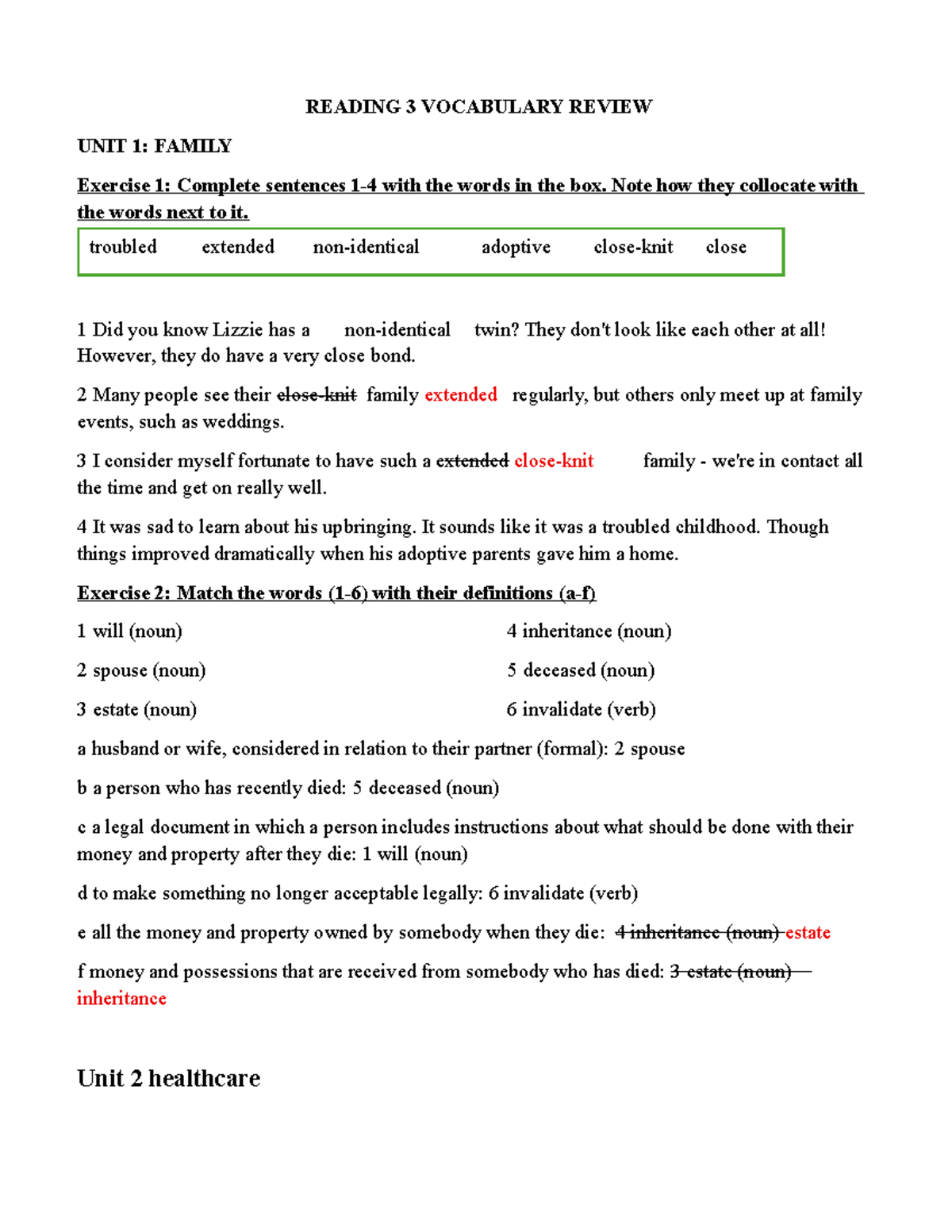 Reading 3 Vocabulary Review: Unit 1 - Family and Healthcare - Studocu