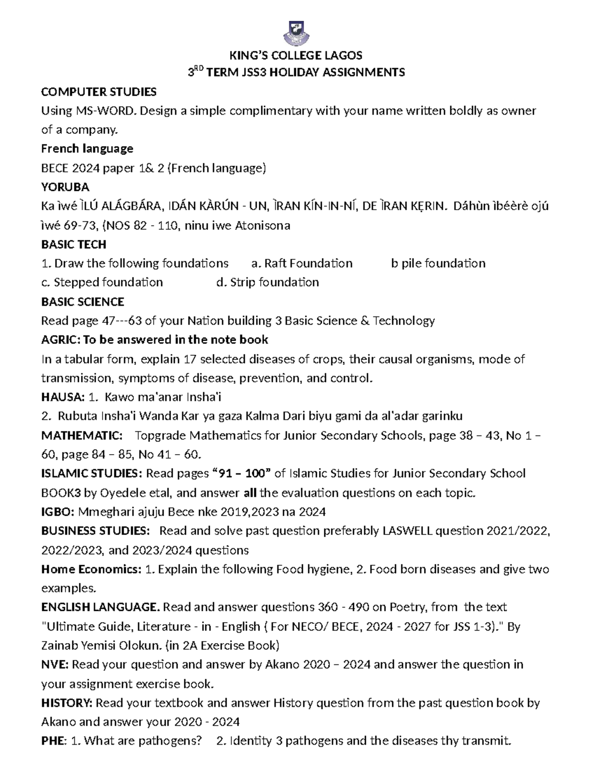 JSS3 Holiday Assignments 2nd Term 2025: Comprehensive Overview - Studocu