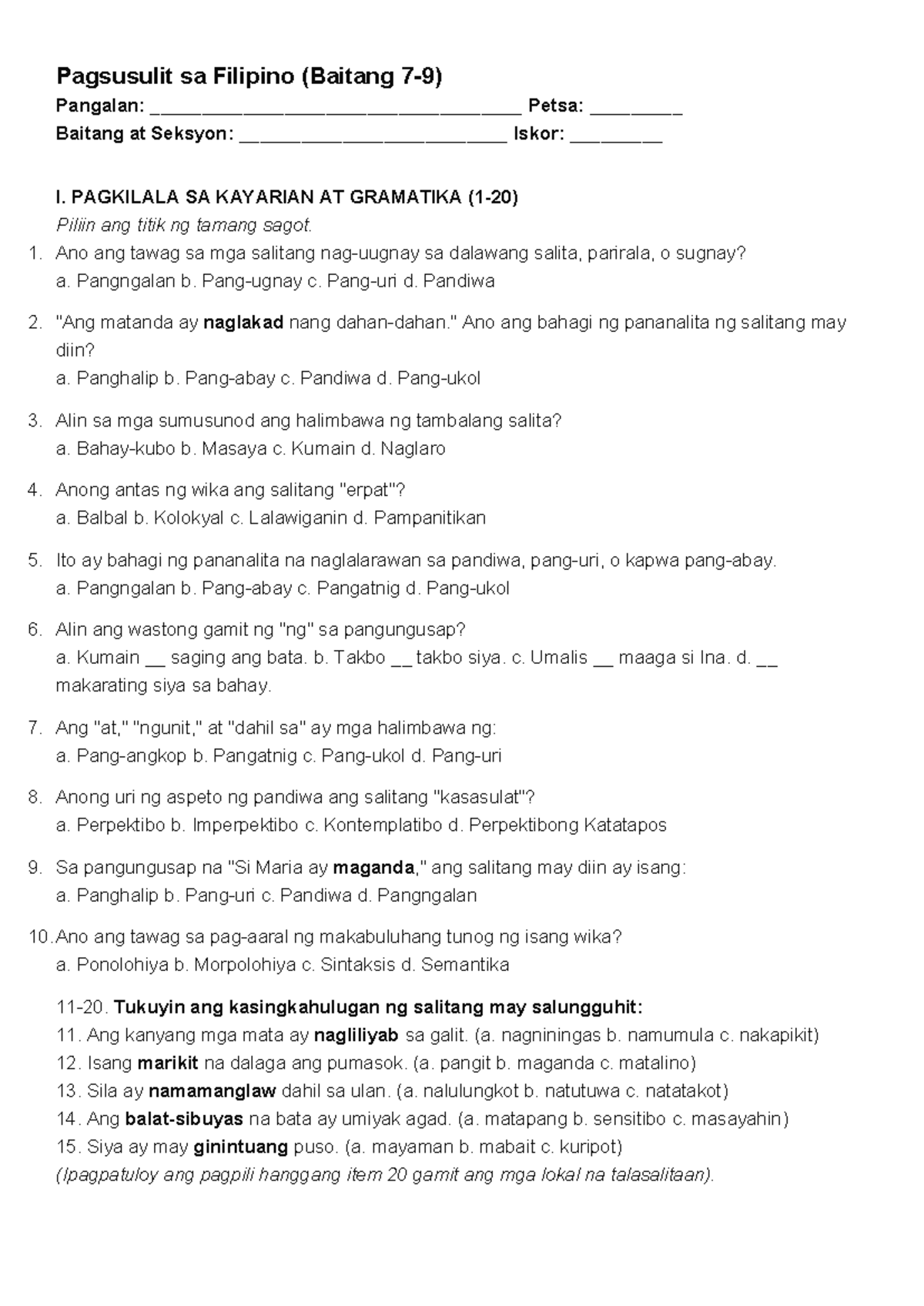 Pagsusulit sa Filipino: Katanungan at Sagot para sa Baitang 10 - Studocu