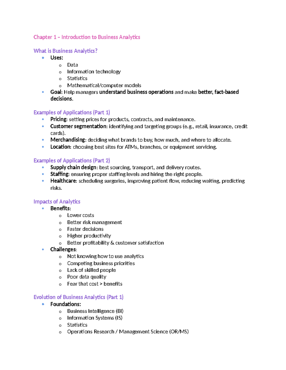 Chapter 1 & 2 Summary: Introduction to Business Analytics (BA101) - Studocu