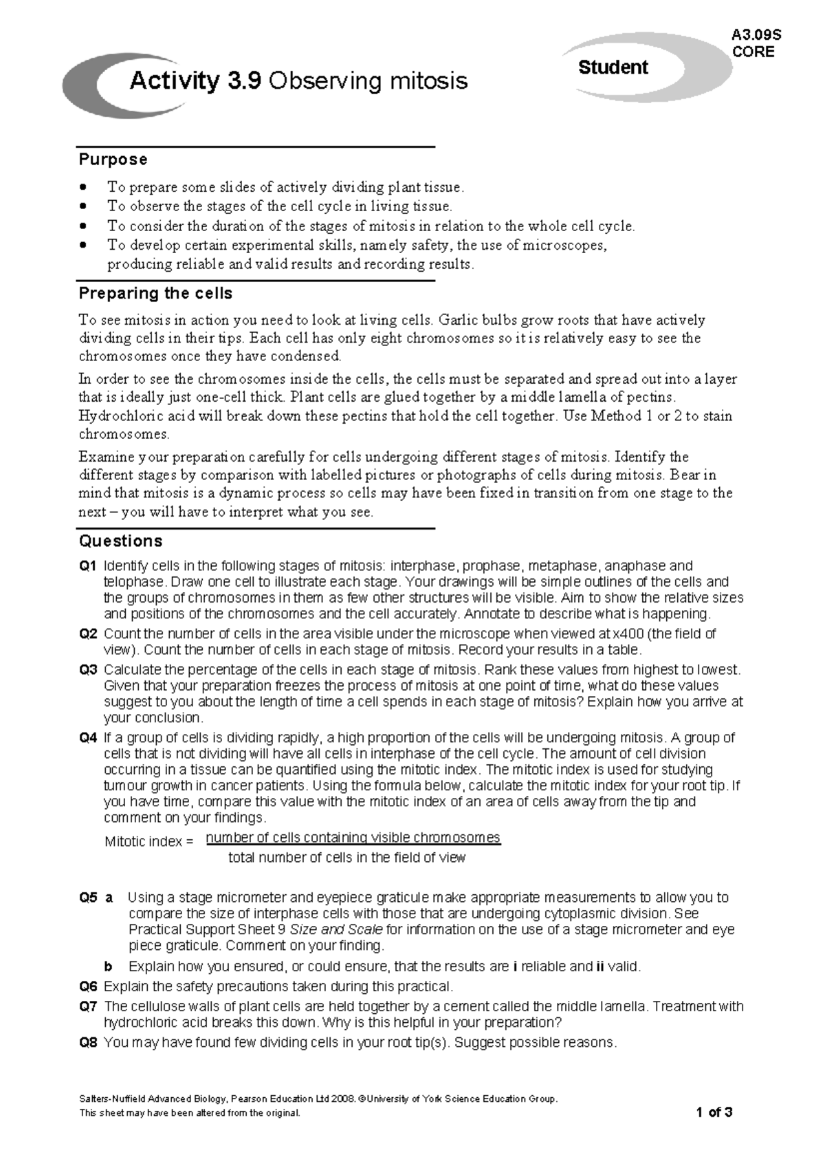 Observing Mitosis in Garlic Root Tips - A3 Practical Guide - Studocu