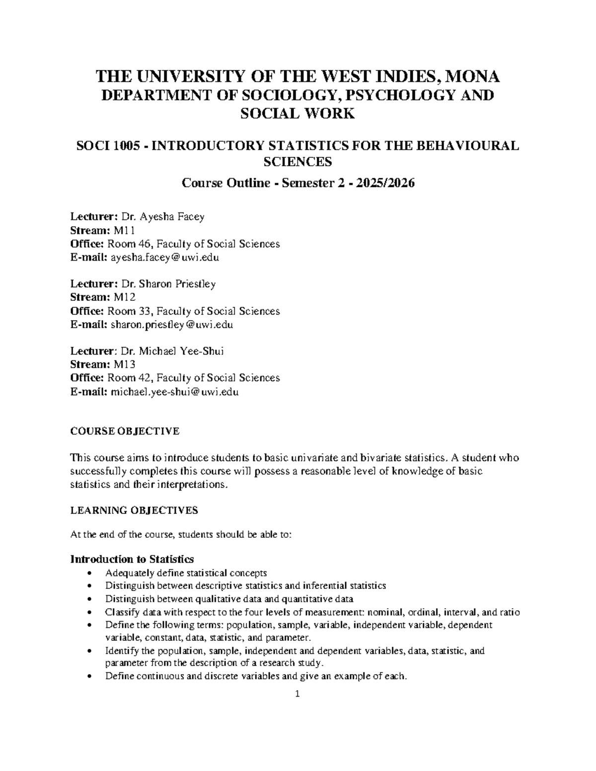 SOCI 1005 - Introductory Statistics for Behavioral Sciences Course ...