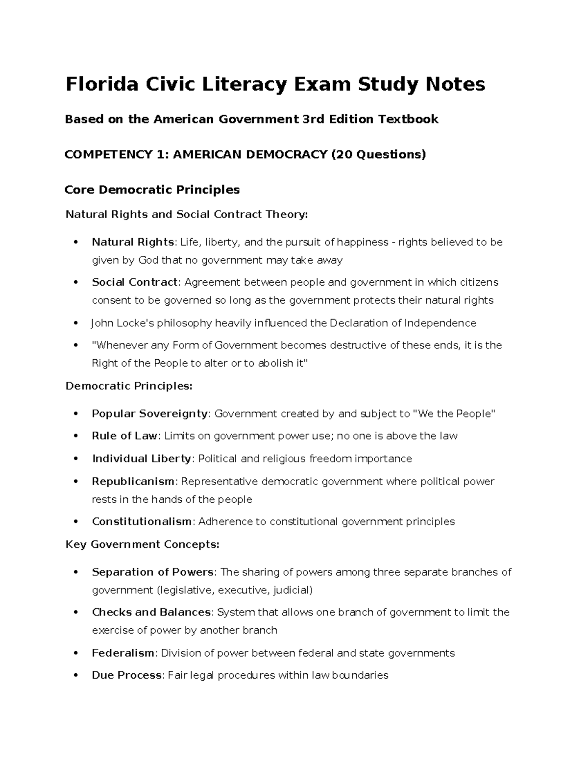 Florida Civic Literacy Exam Study Notes: American Government ...