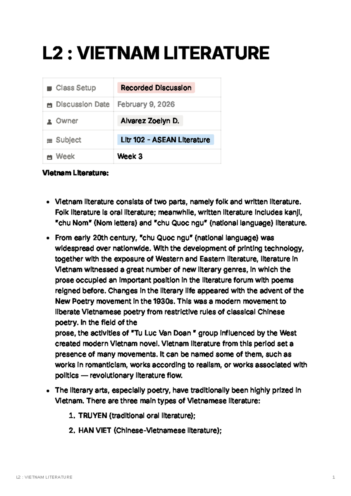 L2: Vietnam Literature Overview and Discussion Notes - Studocu