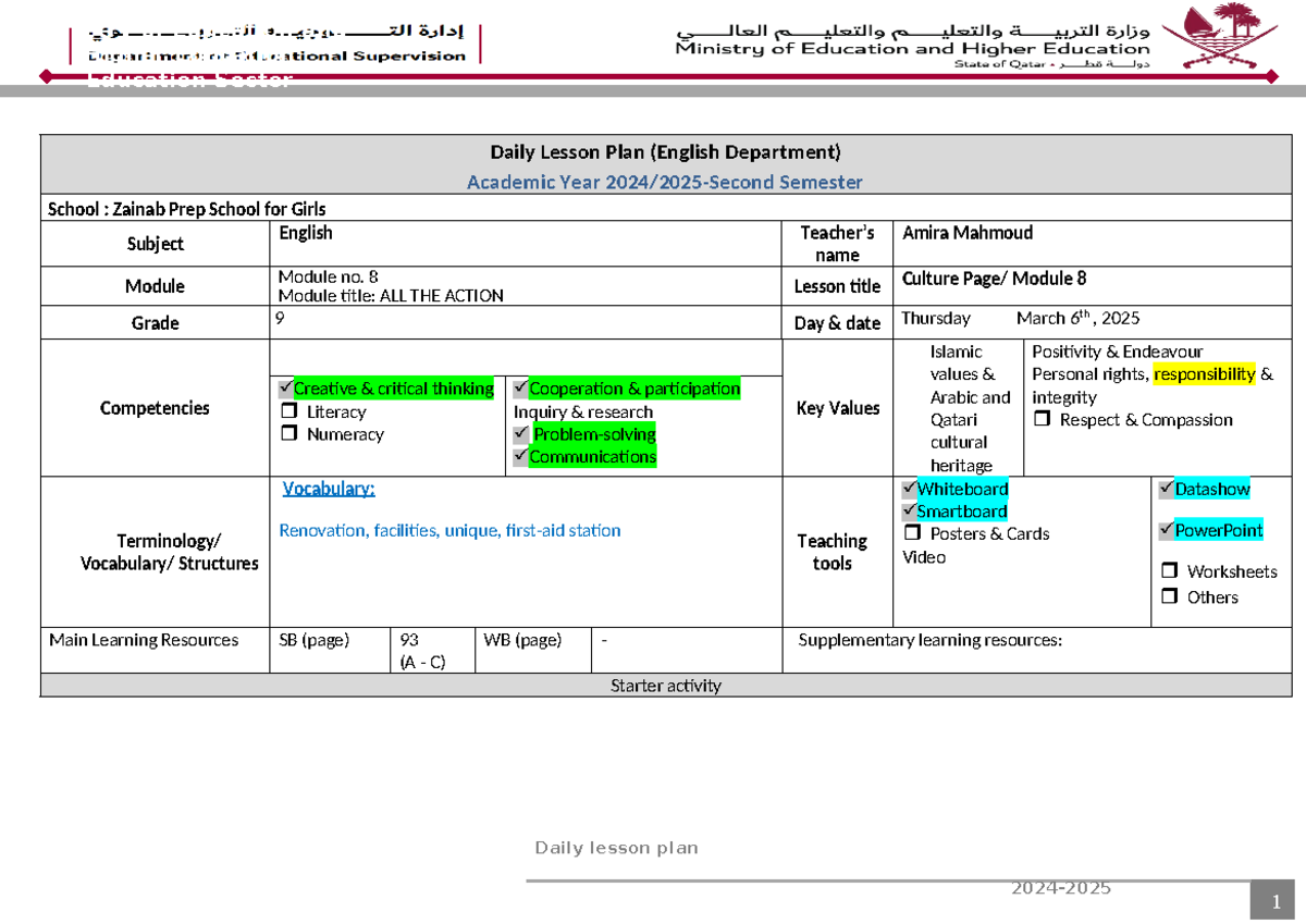 Day 5 Culture page - lesson plan about reading text titled 'Al-Bidaa ...