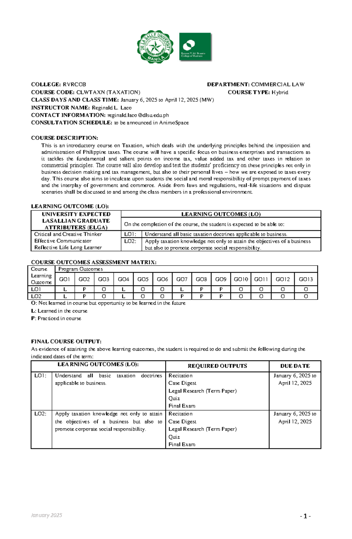 CLWTAXN Syllabus Term 2 AY 2024-2025 by Reginald Laco - Studocu
