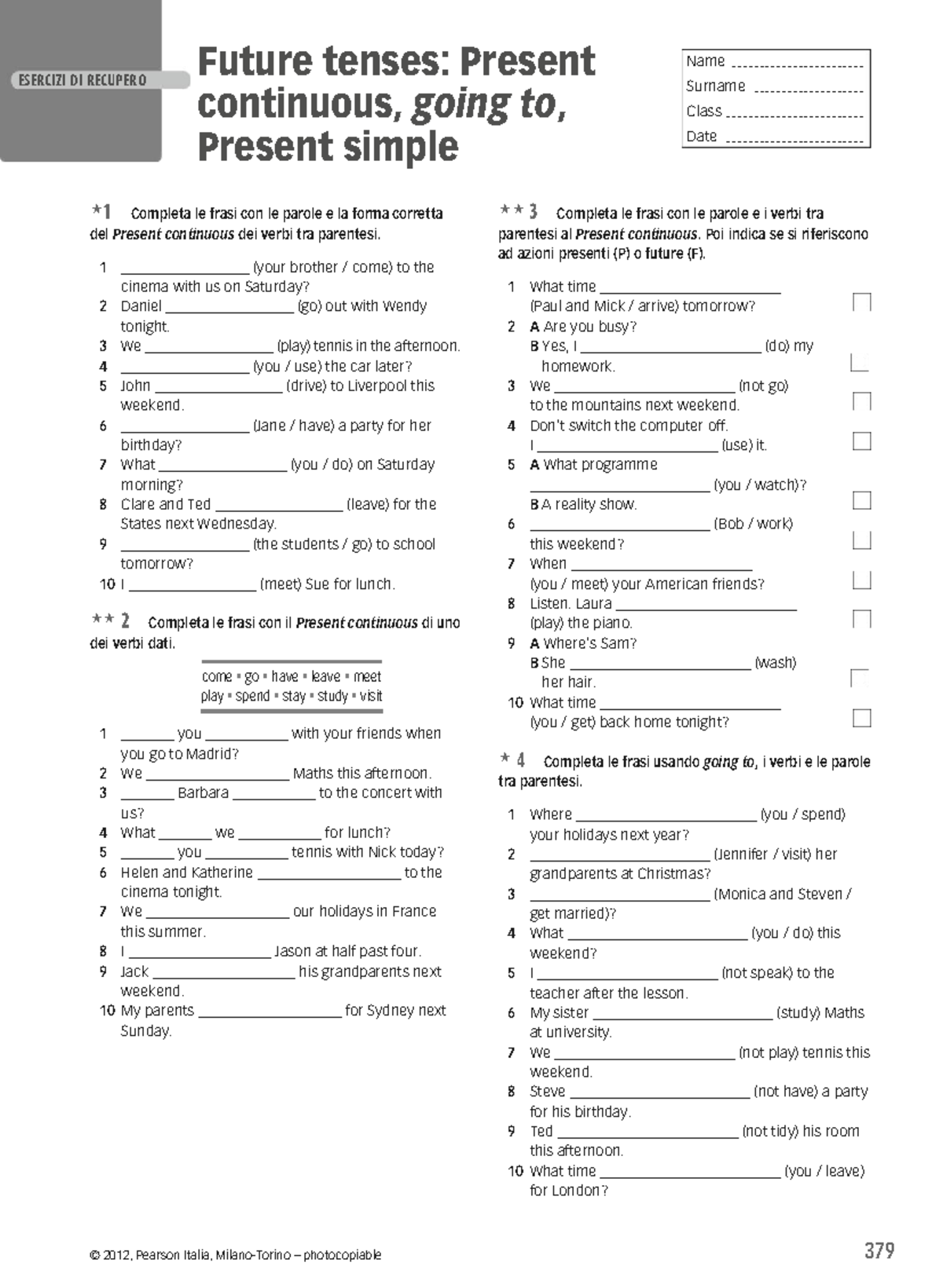 SSSG Inglese Future Tenses: Exercises on Present Continuous & Simple ...