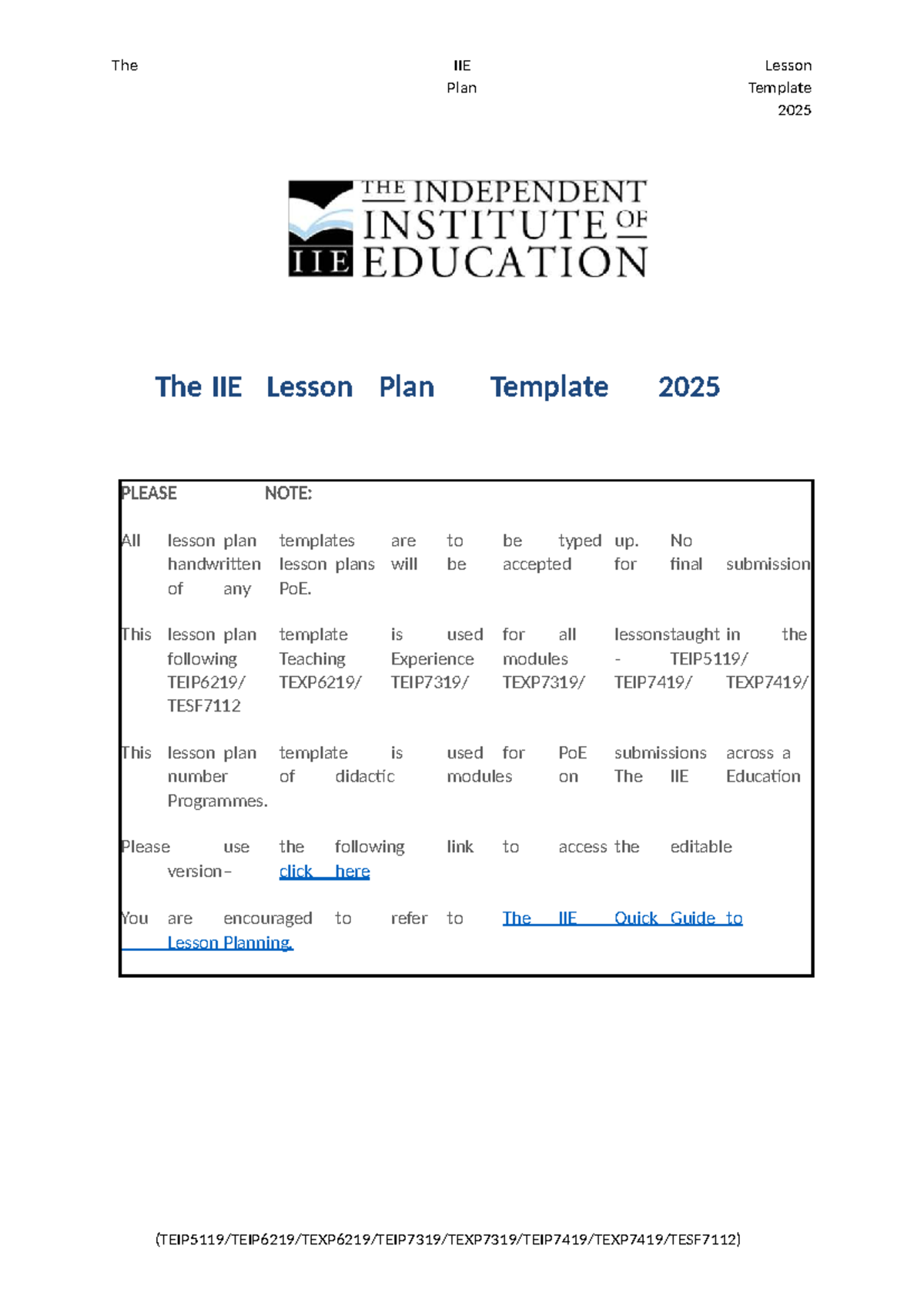 The IIE Lesson Plan Template 2025 for Natural Sciences (TESF7112) - Studocu