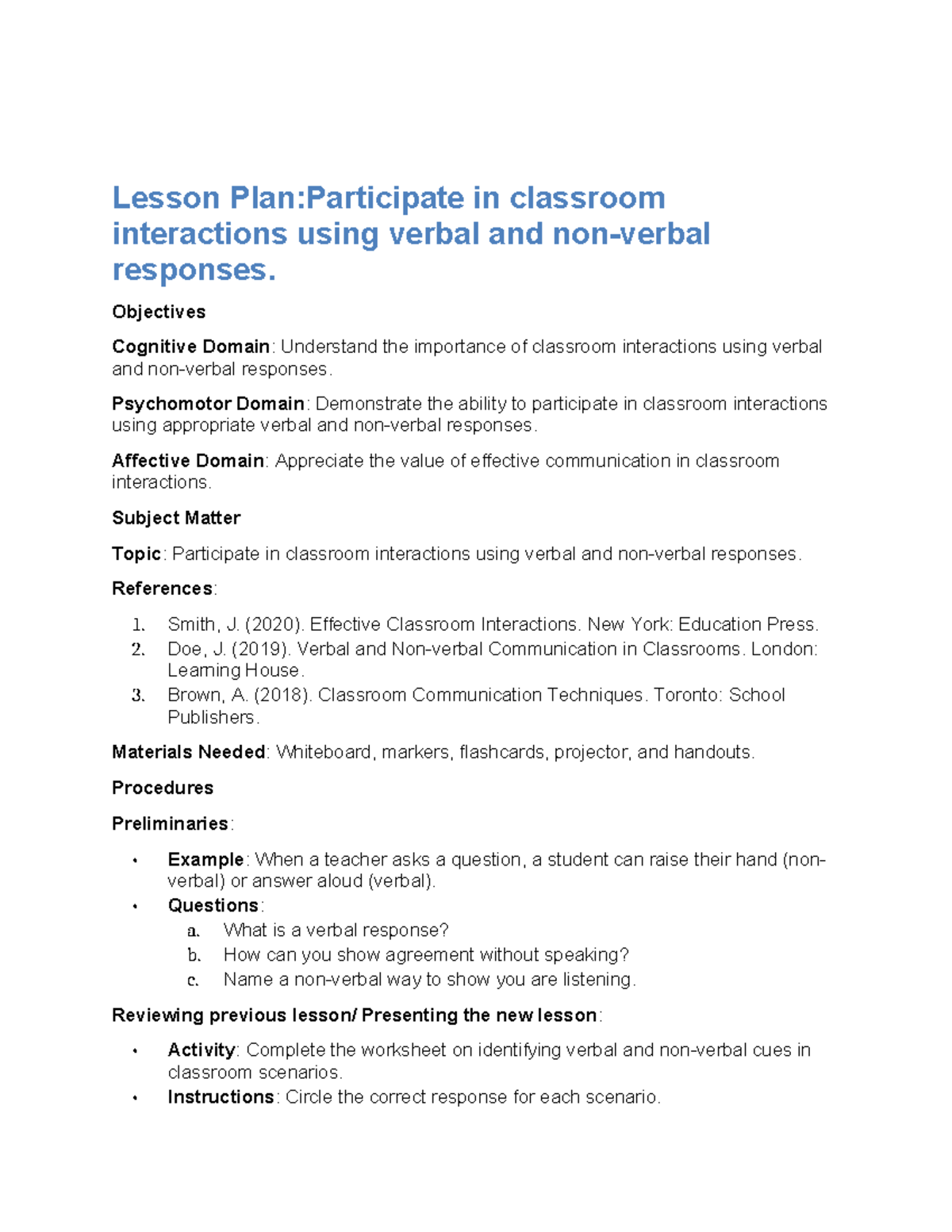 Lesson Plan: Classroom Interactions with Verbal & Non-Verbal Responses ...