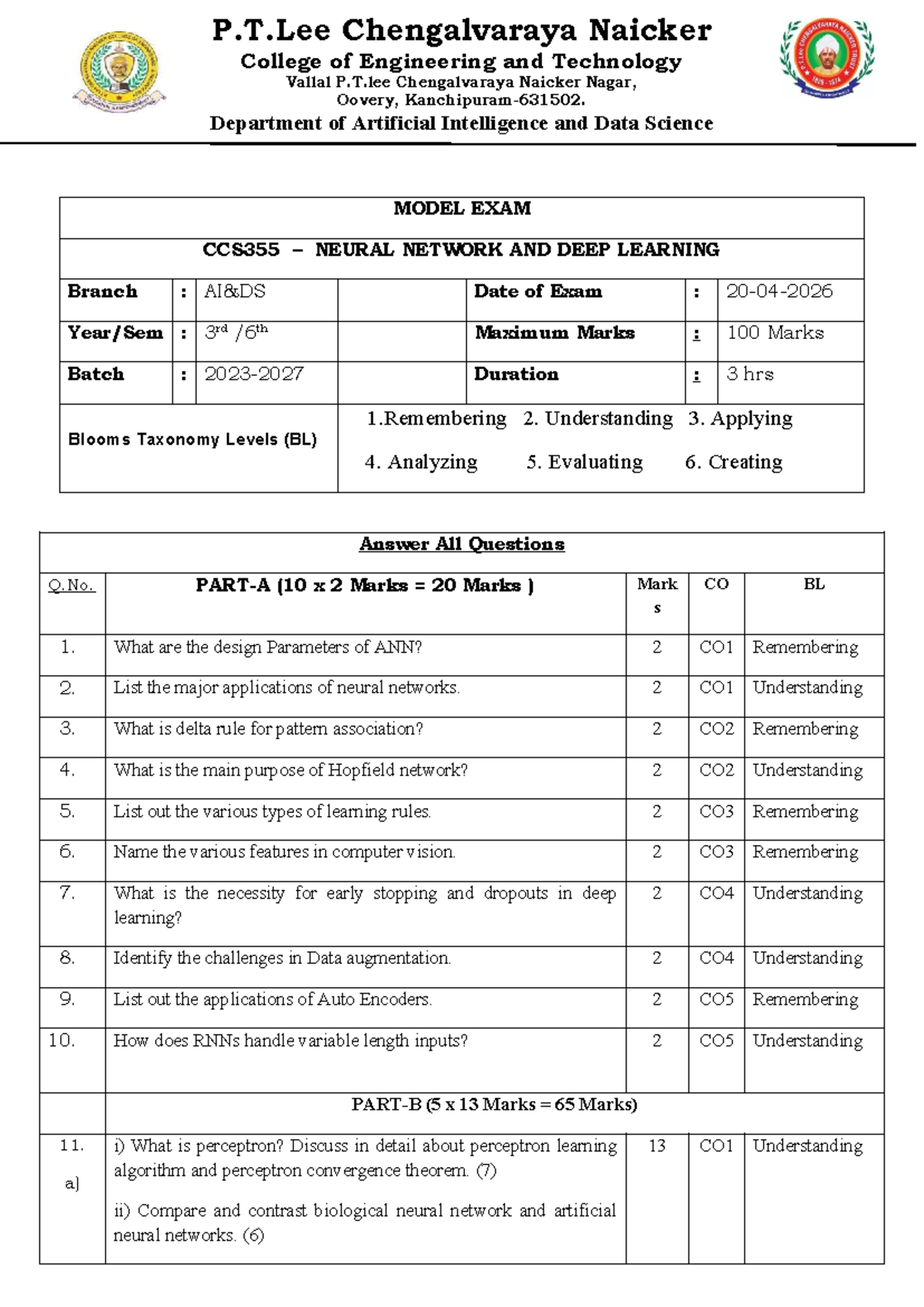 Model Question Paper CCS355 Neural Networks and Deep Learning - Studocu