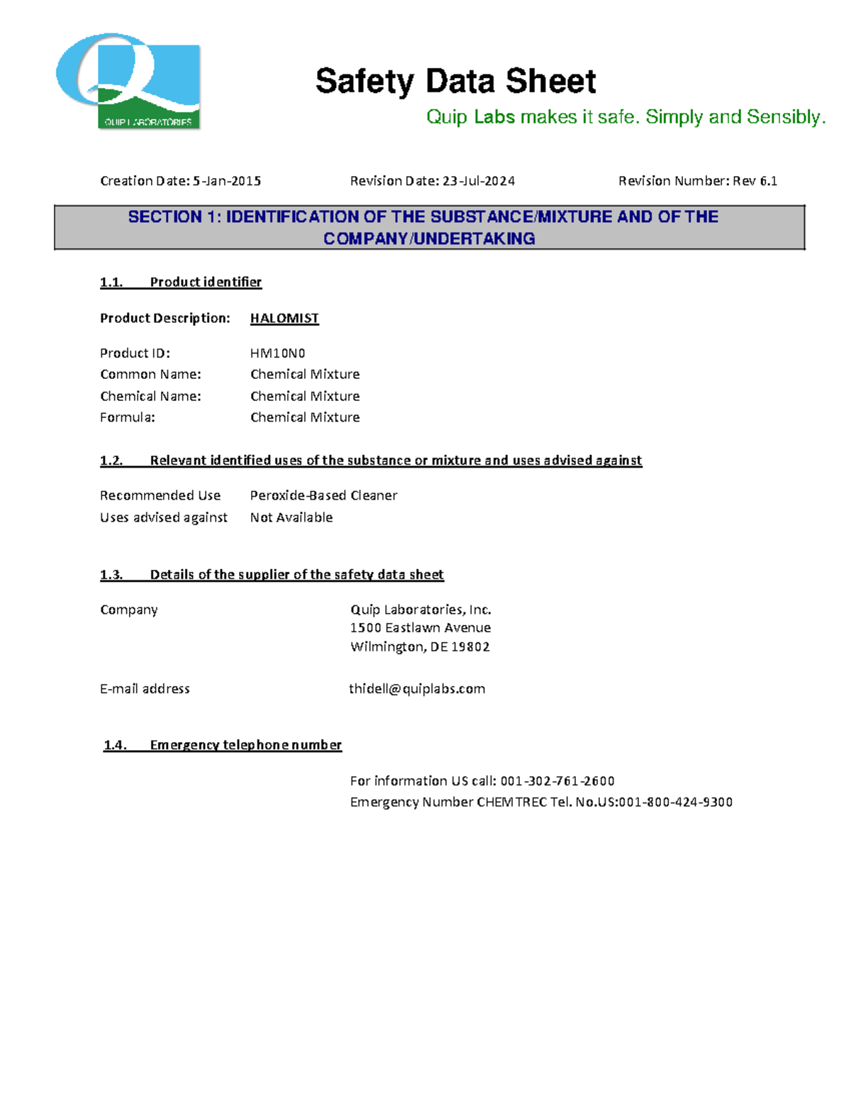 HaloMist Safety Data Sheet (SDS) - Quip Labs - Studocu