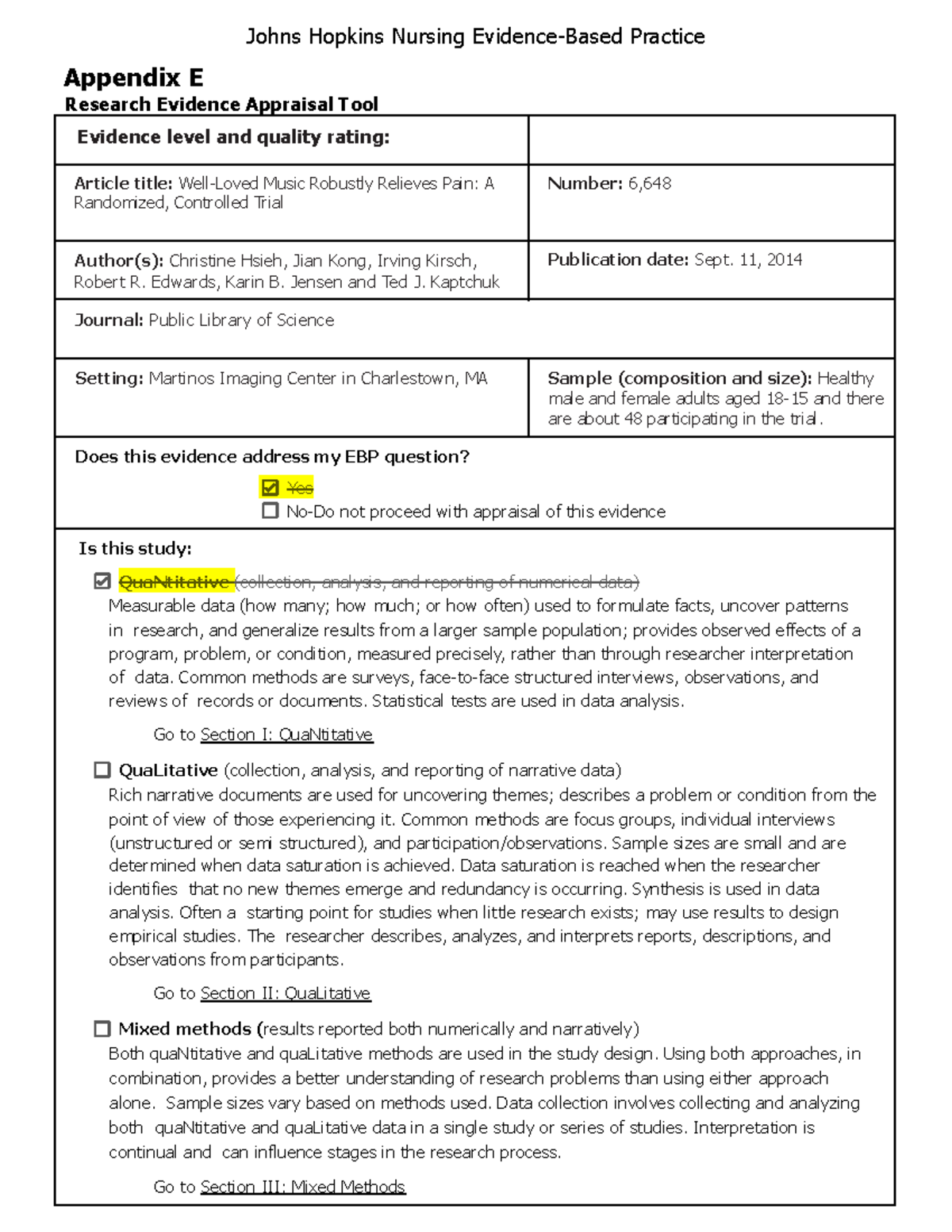 Appendix E: Research Evidence Appraisal Tool for EBP in Nursing - Studocu