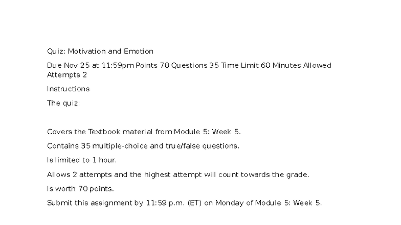 PSYC 101: Quiz on Motivation and Emotion - M5W5 Answers - Studocu