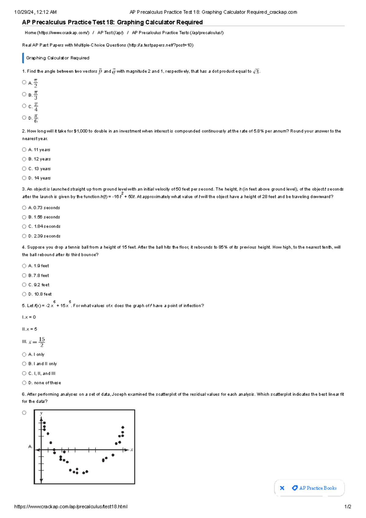 AP Precalculus Practice Test 18: Graphing Calculator Required - Studocu