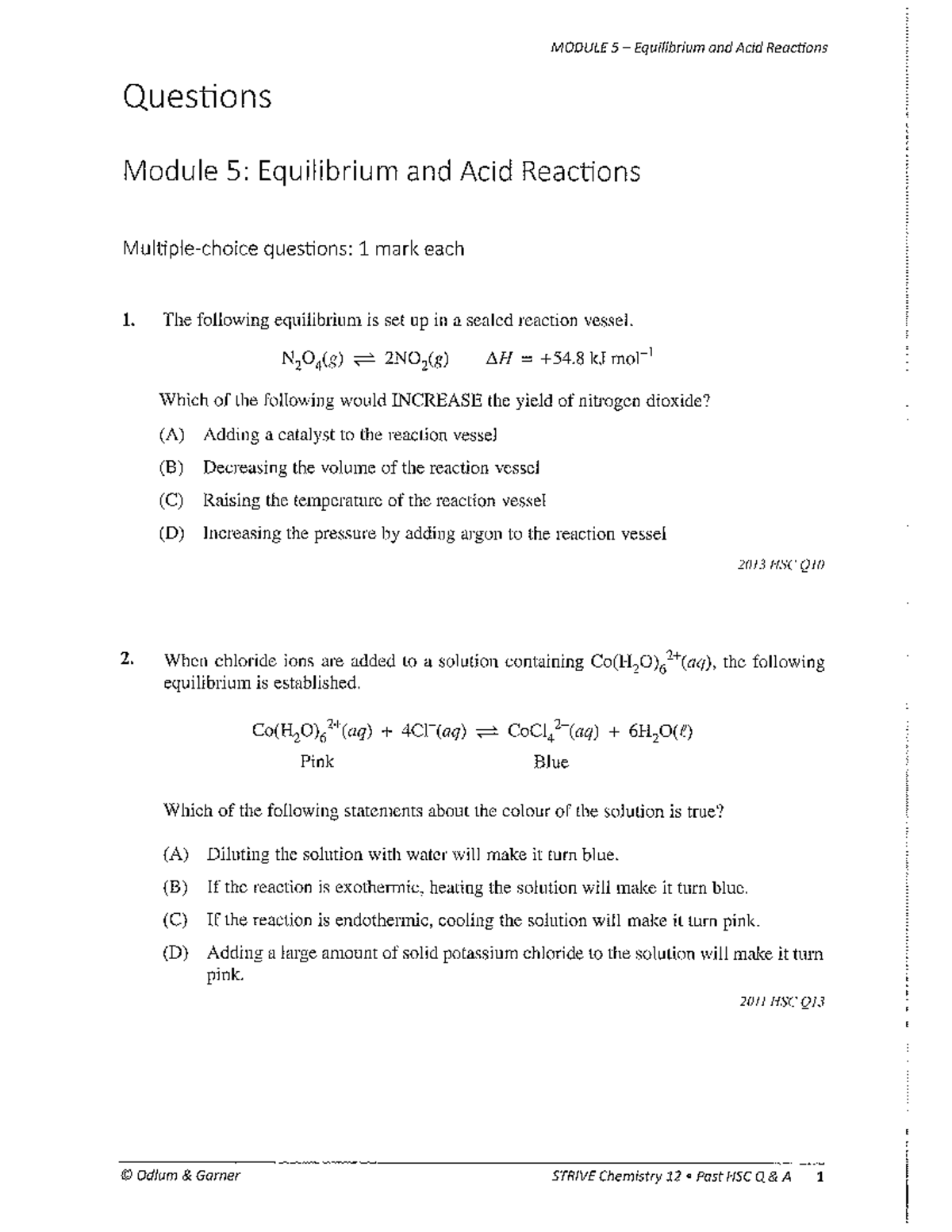 Strive Textbook - Module 5 Past HSC questions - MODULE 5 Equilibrium and Acid Reactions ...