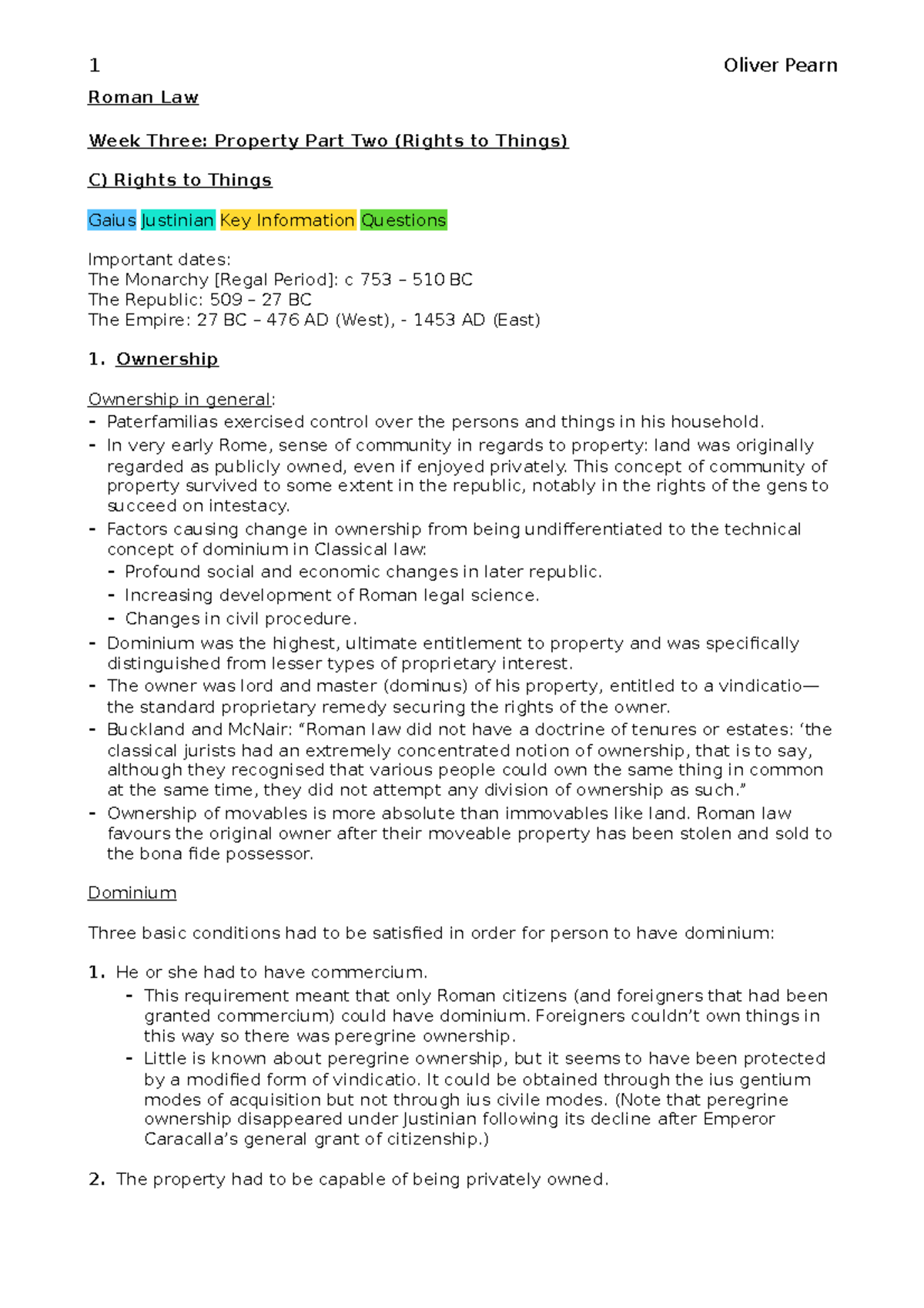 Roman Law (Rom. Wk. 3) Notes: Ownership & Rights to Property - Studocu