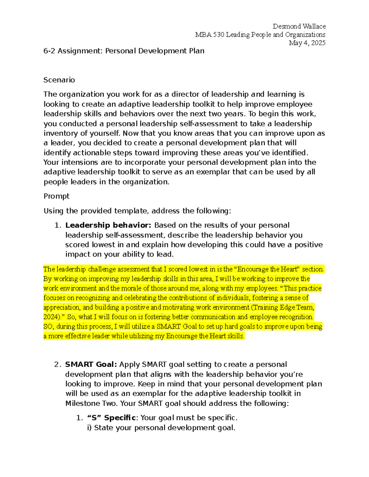 MBA 530 Personal Development Plan: Enhancing Leadership Skills - Studocu