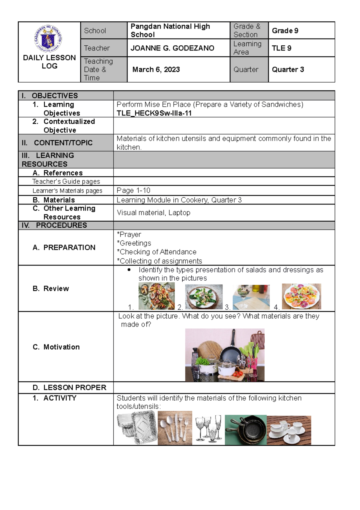 TLE 9 DLL Q3 W4 1 - Detailed Lesson Plan for Cookery in Grade 9 - Studocu