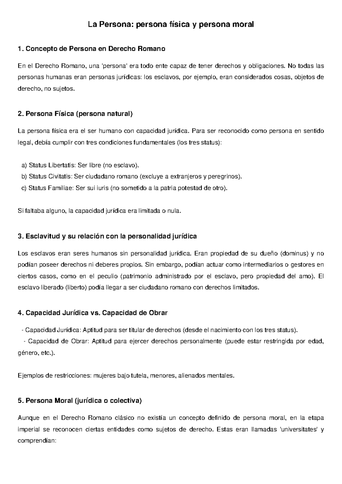 La Persona: Física y Moral en Derecho Romano - Conceptos Clave - Studocu