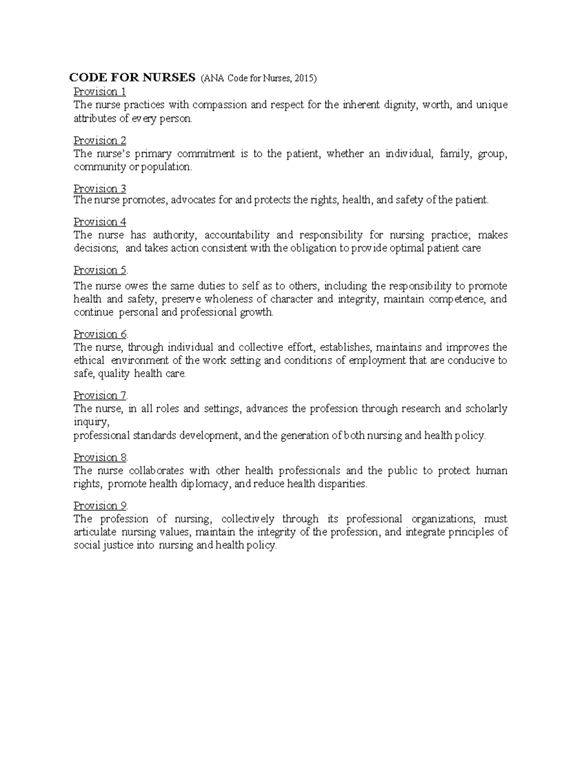 ANA Code of Ethics for Nurses: Provisions Overview - Studocu