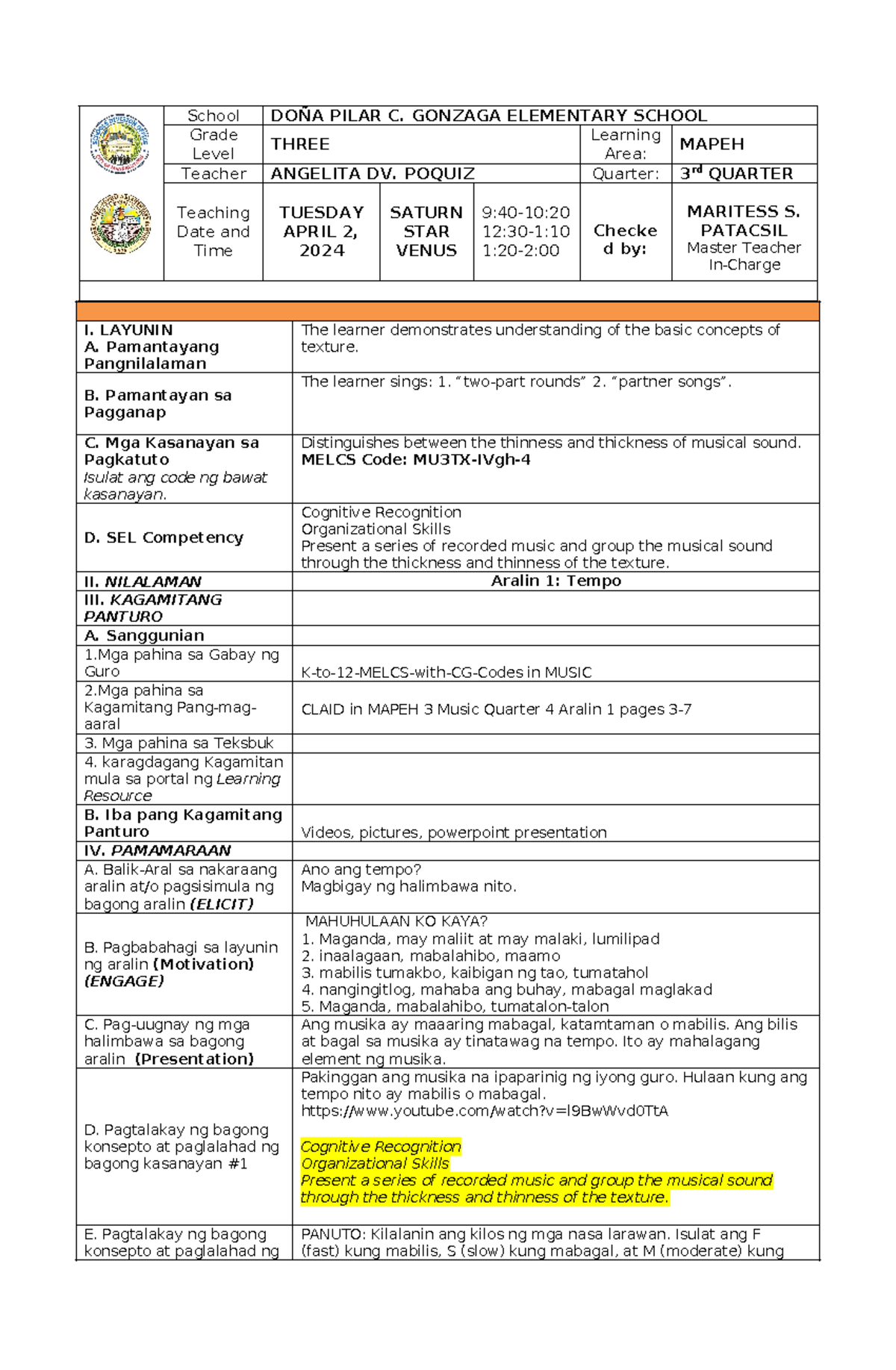 Q4 MAPEH Grade 3 - Lesson Plan for Day 2 on Tempo - Studocu