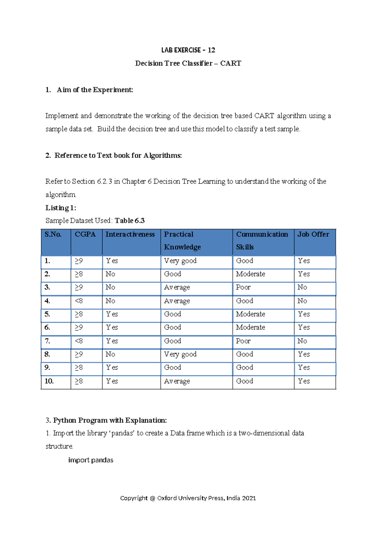 LAB EXERCISE 12: Implementing CART Decision Tree Classifier - Studocu