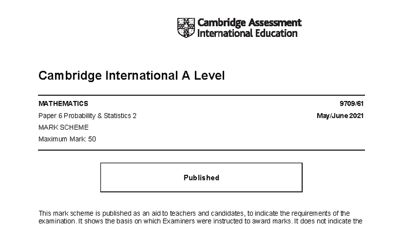 Cambridge International A Level Mathematics 9709/61 Mark Scheme 2021 ...