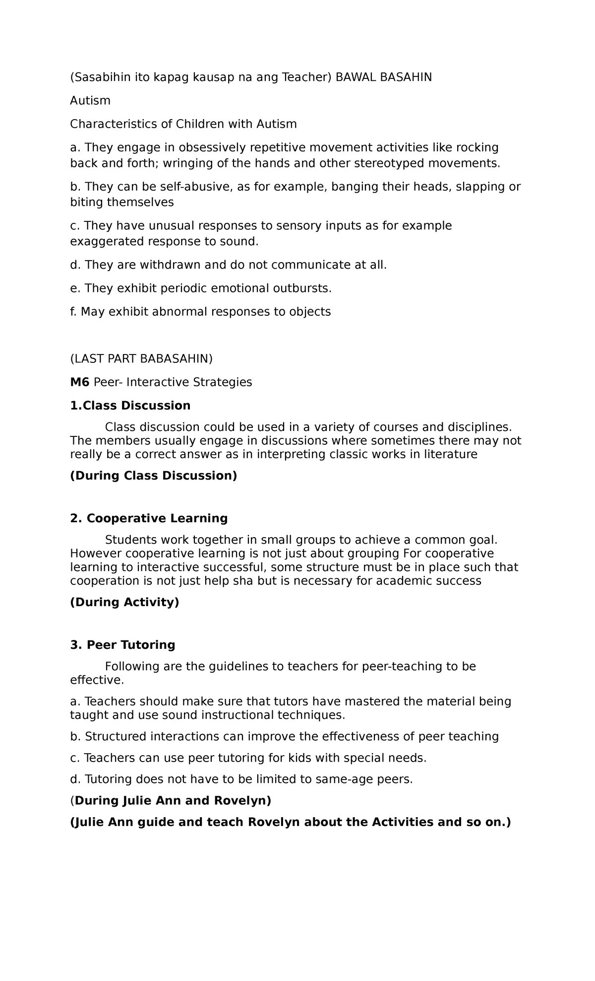 FLCT Script: Autism Characteristics & Interactive Strategies - Studocu