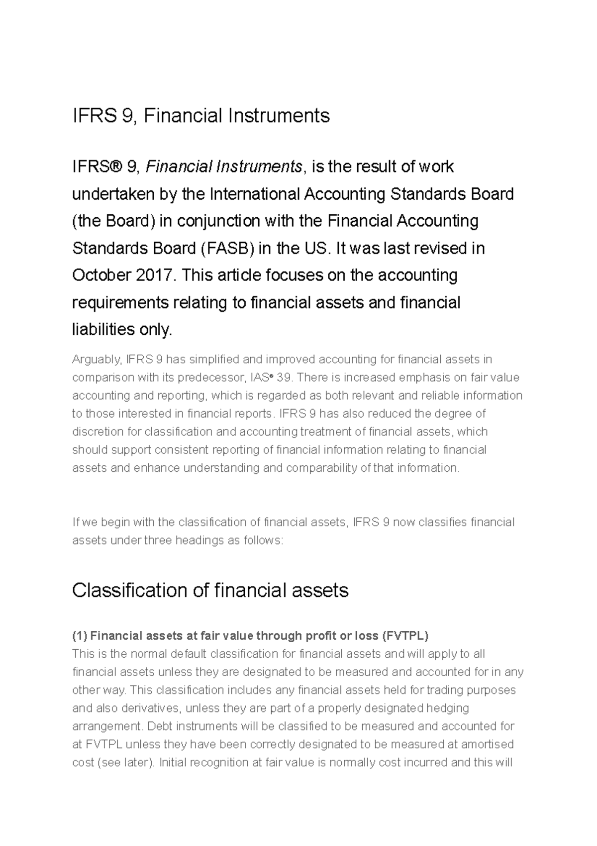 IFRS 9 - Lecture notes 1-3 - IFRS 9, Financial Instruments IFRS® 9 ...
