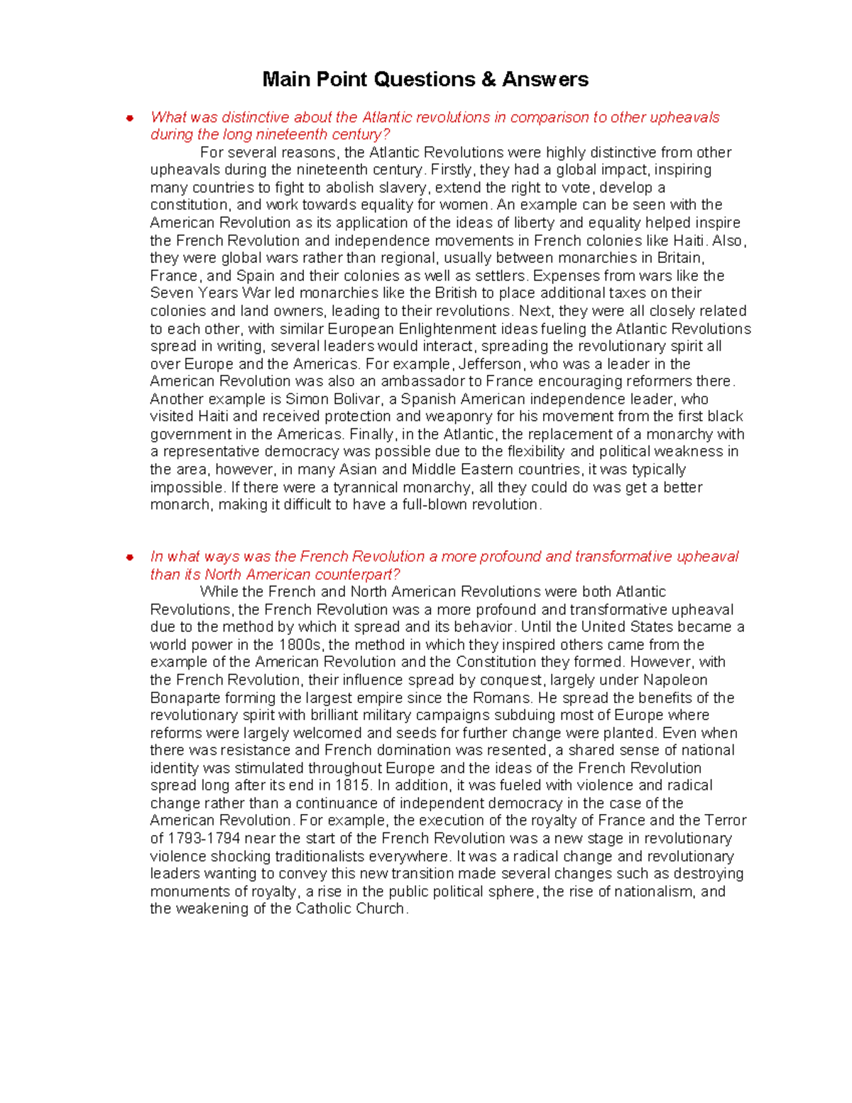 Atlantic Revolutions: Key Questions & Answers Analysis - Studocu