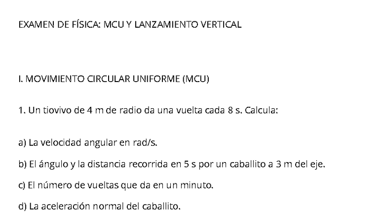 Examen de Física: MCU y Lanzamiento Vertical - Ejercicios y Cálculos ...