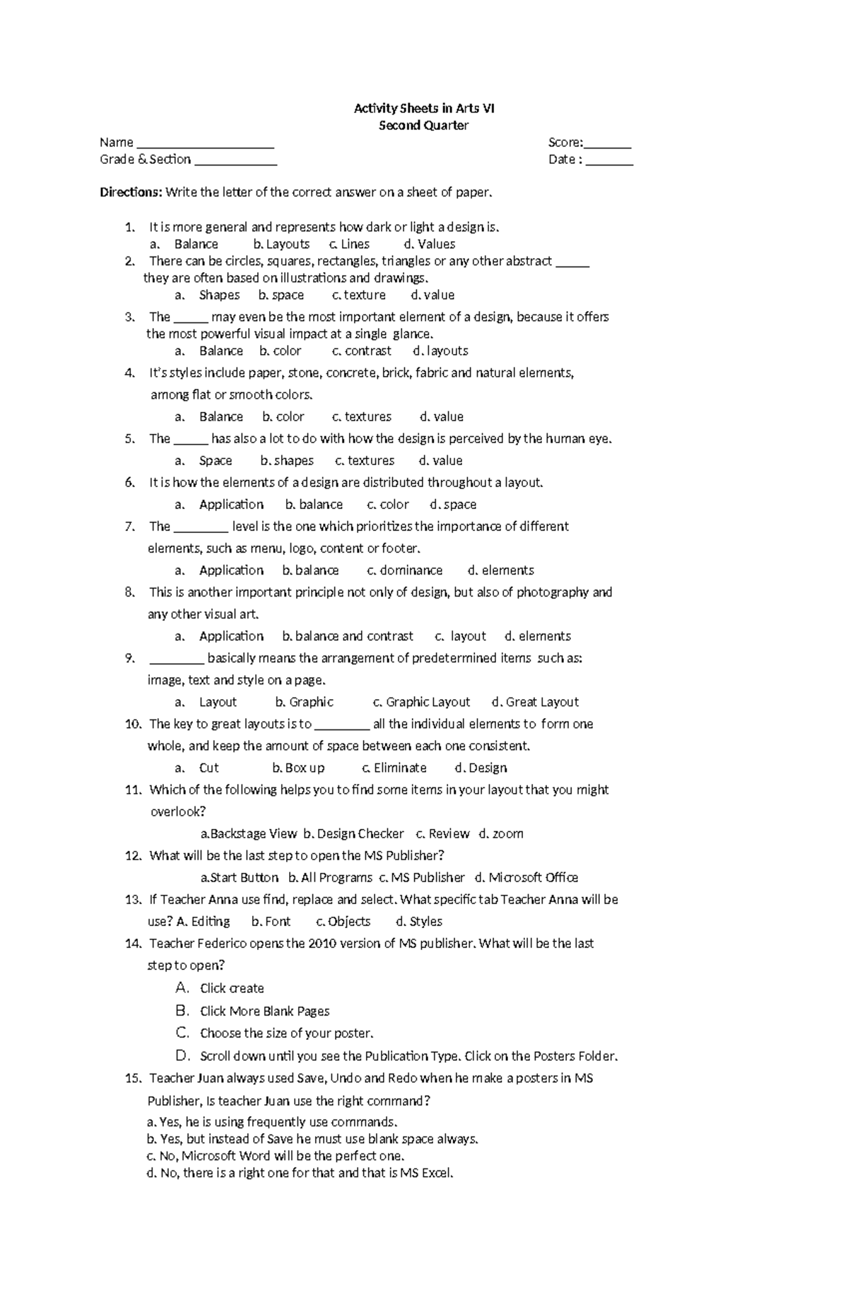 Arts VI 2nd Quarter Activity Sheets - Design Principles Quiz - Studocu