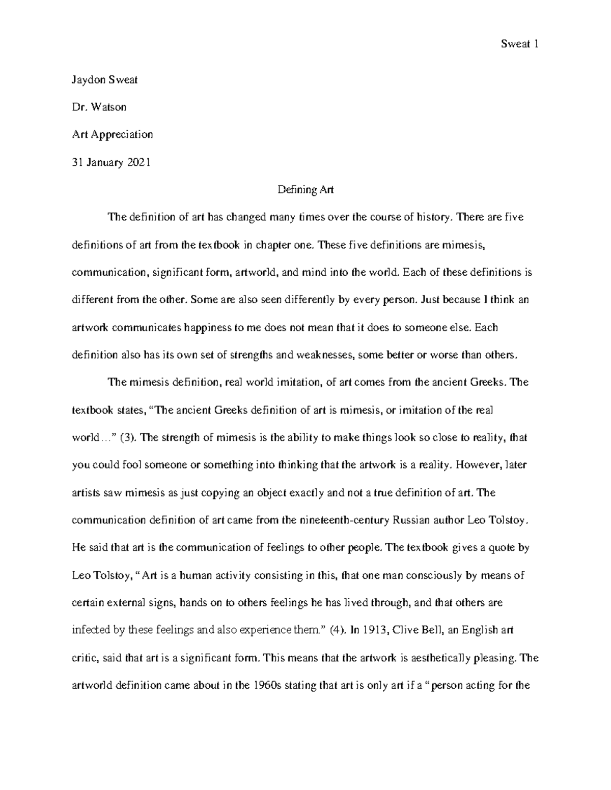 Art Appreciation 101: Writing Assignment #1 - Defining Art - Studocu