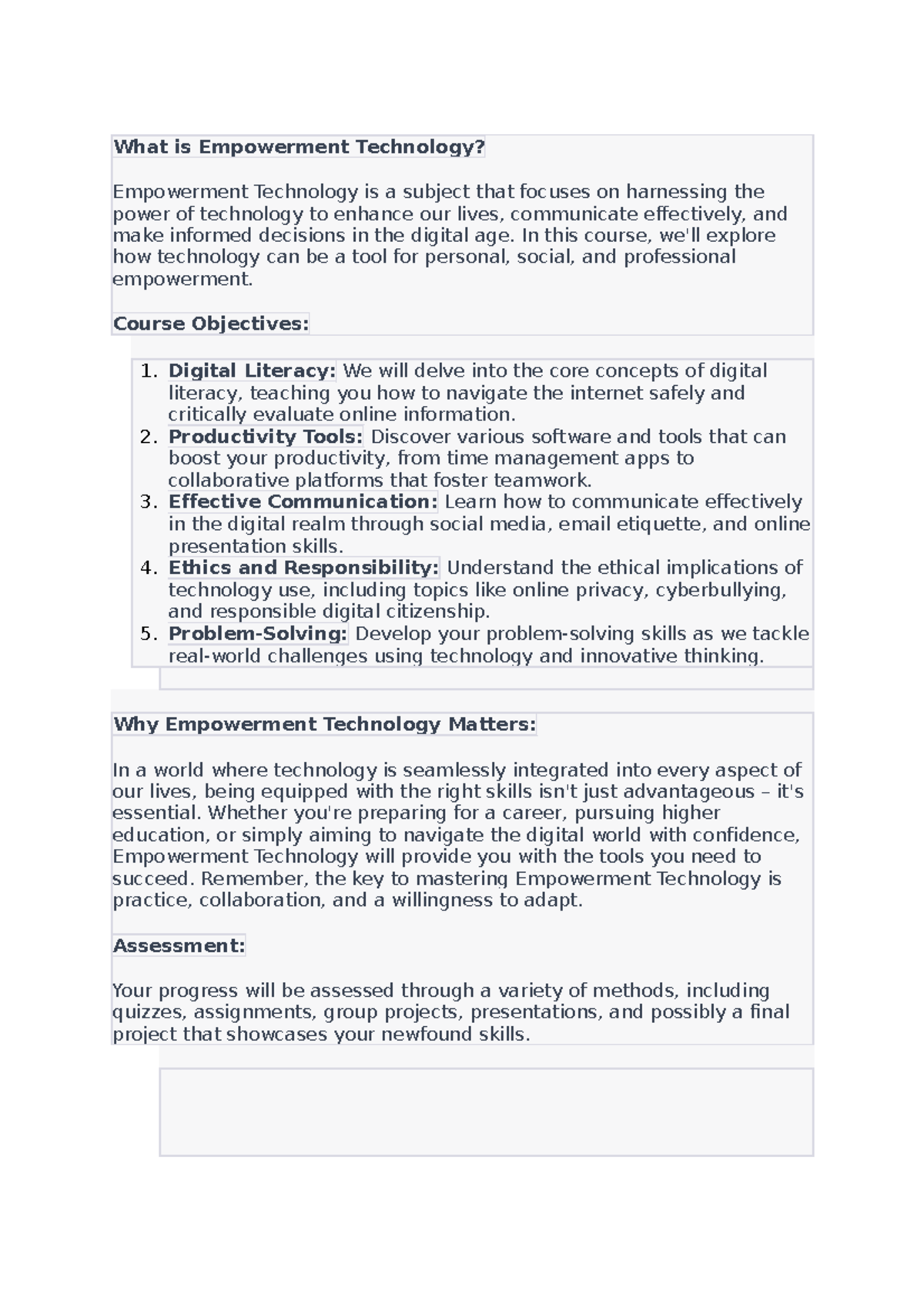 Empowerment Technology Overview - Course Code ET101 Insights - Studocu