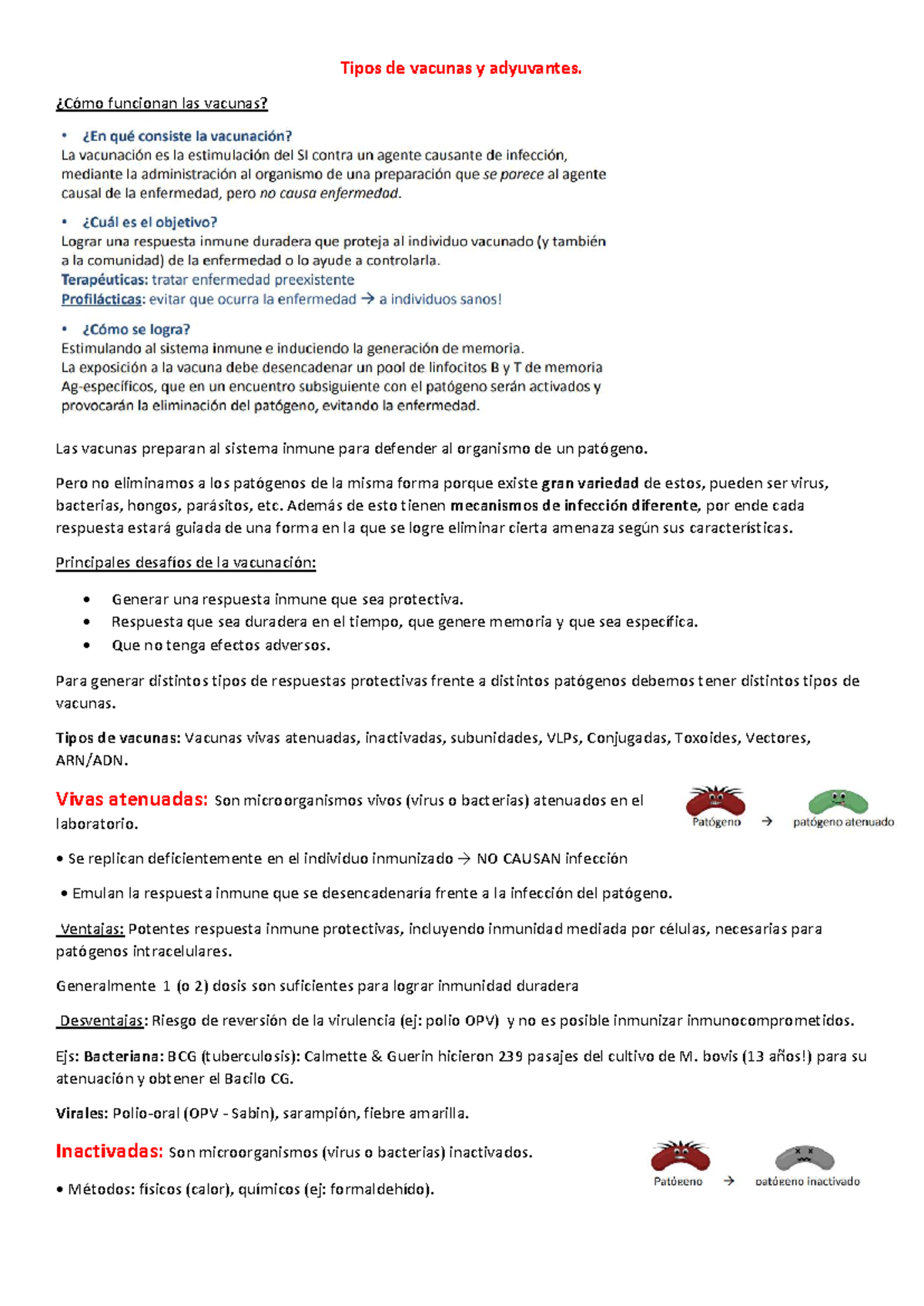 Tipos de Vacunas y Adyuvantes: Funcionamiento y Desafíos - Studocu