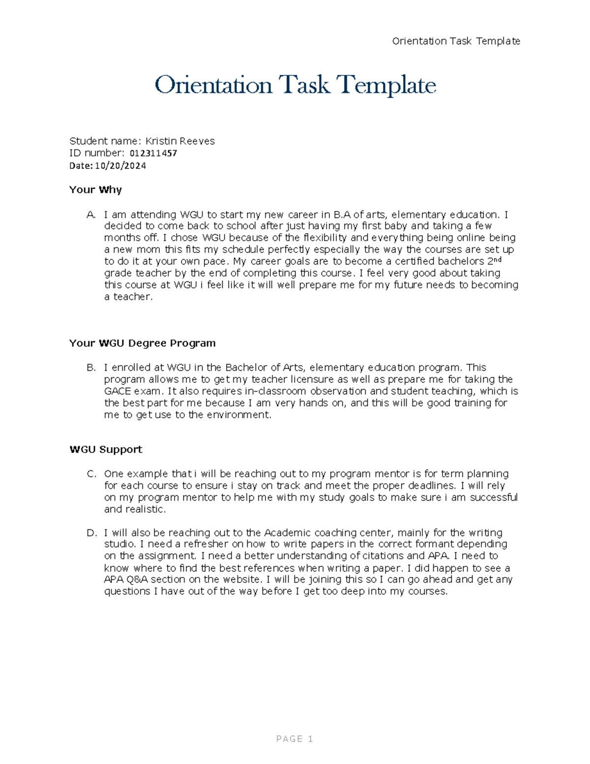 WGU B.A. in Elementary Education: Orientation Task Template - Studocu