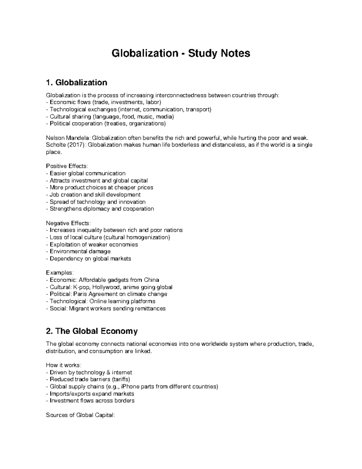 Globalization Study Notes: Key Concepts and Impacts - Studocu
