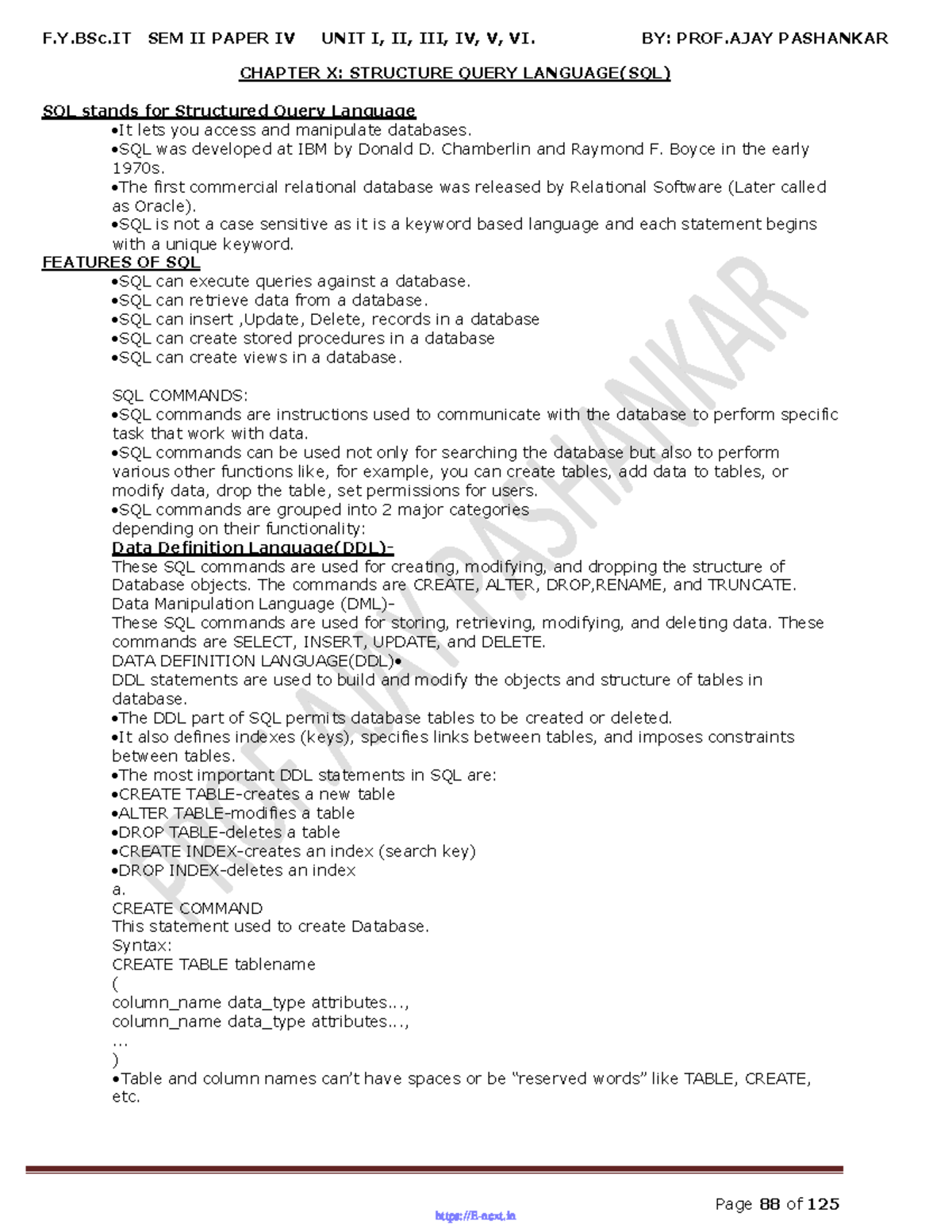 F.Y.BSc.IT SEM II PAPER IV UNIT I-VI: SQL Overview and Commands - Studocu