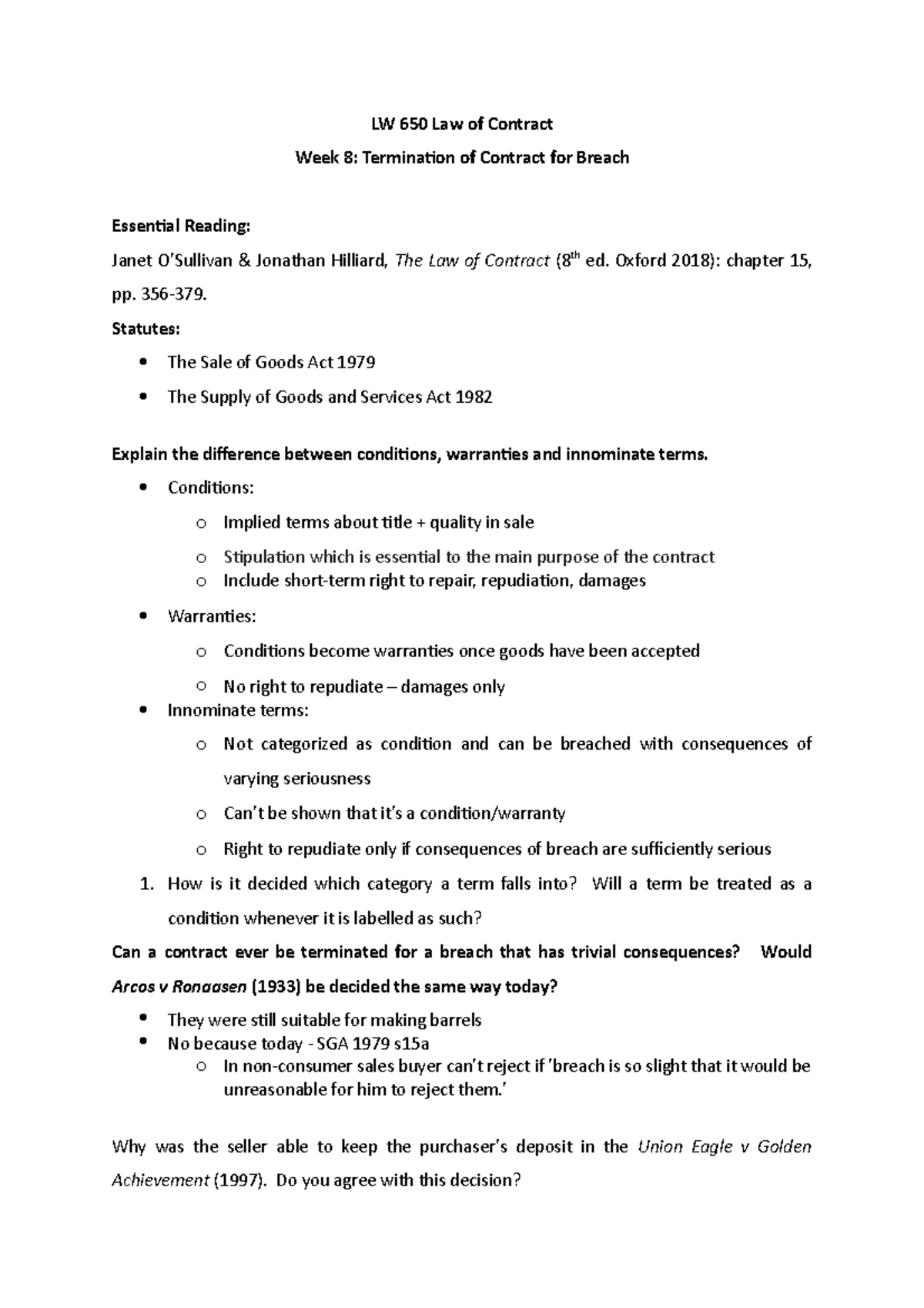 Contract seminar worksheet week 8 - LW 650 Law of Contract Week 8 ...