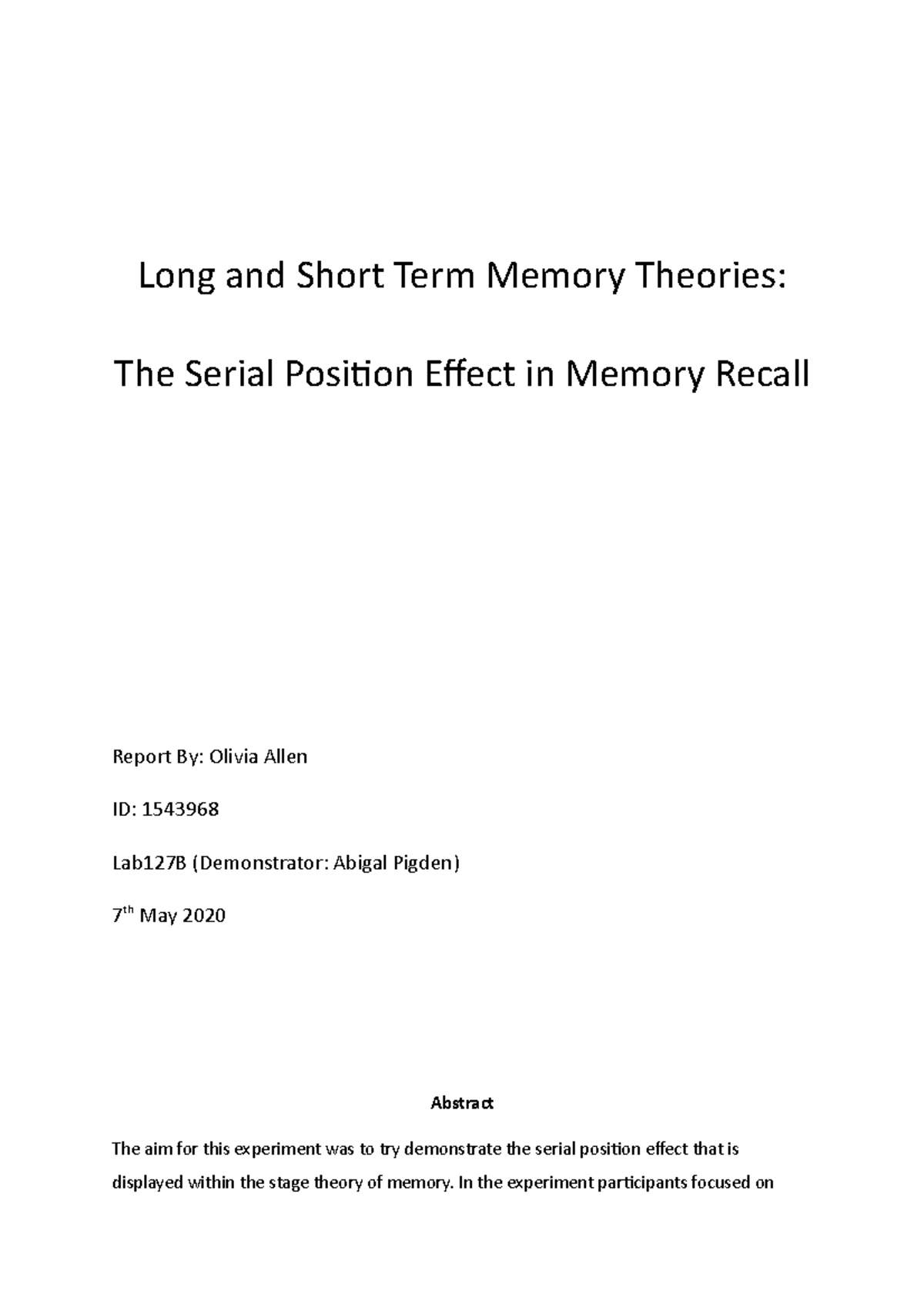 Olivia Allen 127B Serial Position - Long and Short Term Memory Theories ...