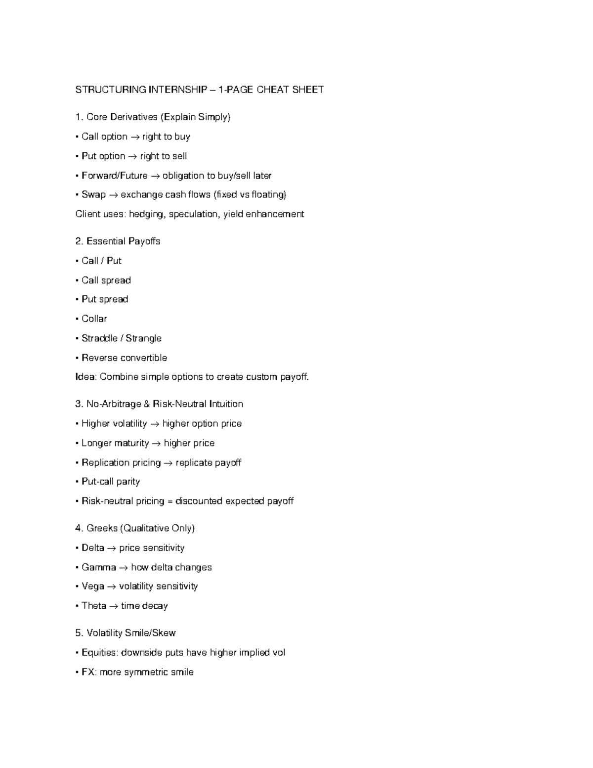 Structuring Internship Cheat Sheet: Core Derivatives & Payoffs - Studocu