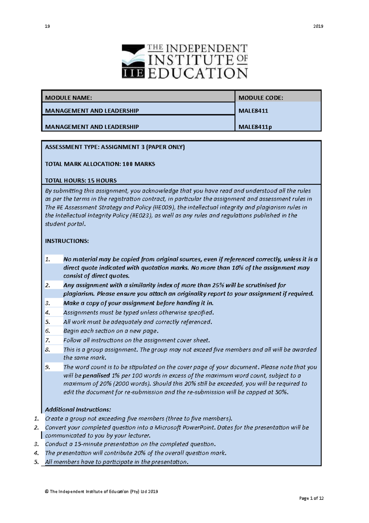 Management and Leadership MALE8411p - Group Assignment Guidelines - Studocu
