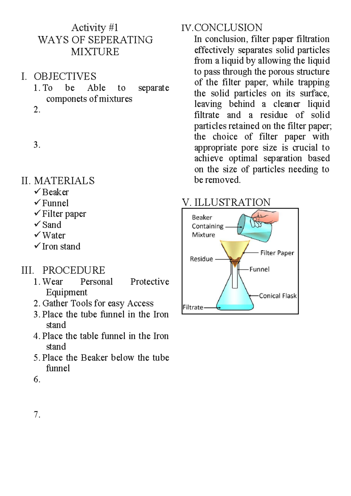 Activity - IDK - Activity WAYS OF SEPERATING MIXTURE I. OBJECTIVES 1 ...