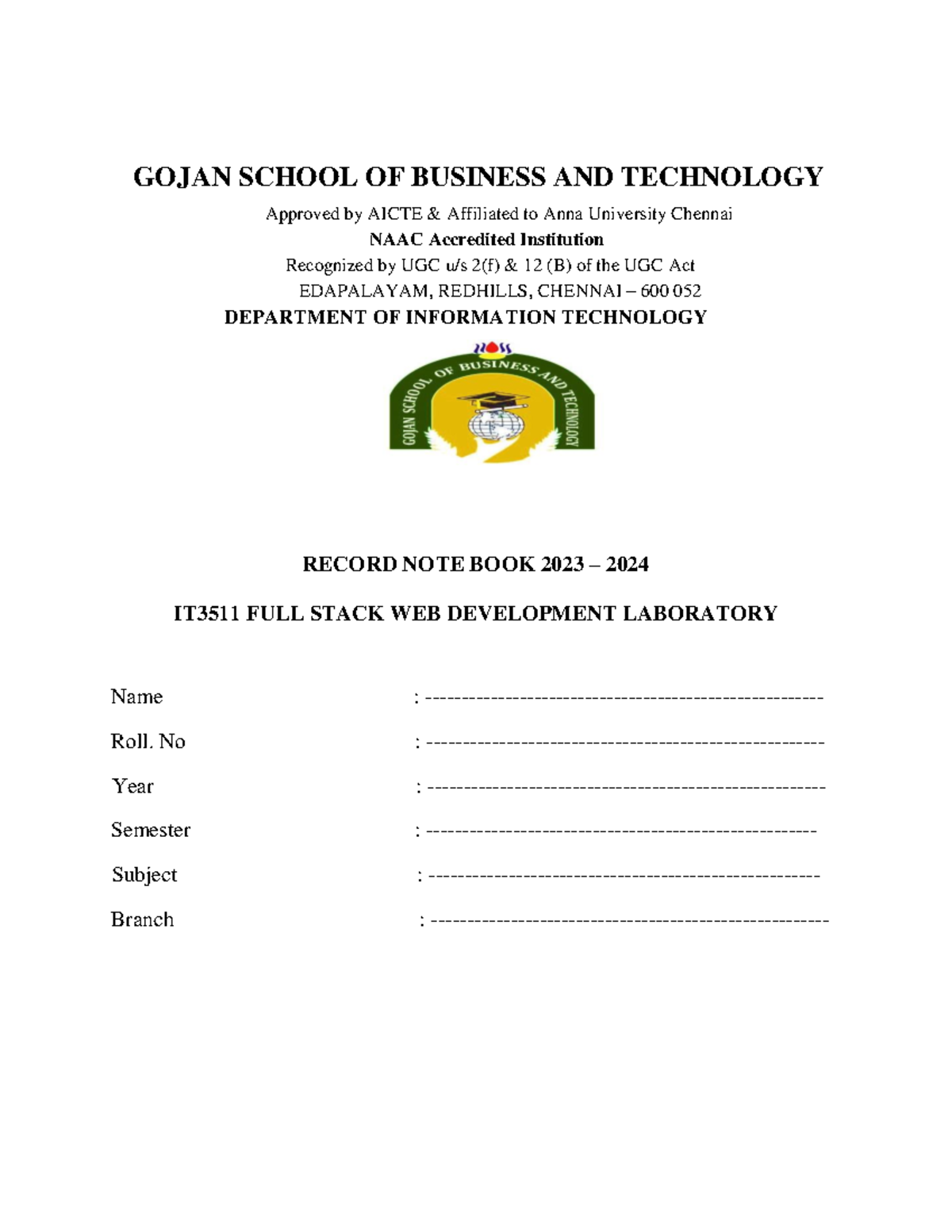 IT3511 Full Stack Web Development Lab Record Notebook 2023-2024 - Studocu