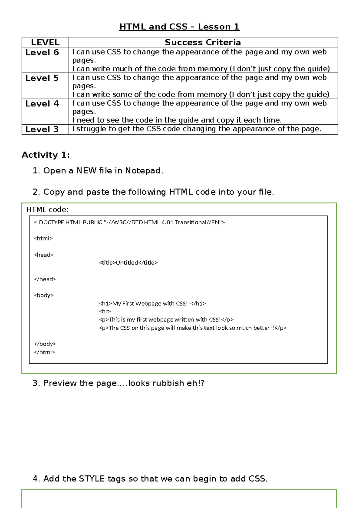 HTML & CSS Lesson 1 Activity Sheet: CSS Basics and Styling - Studocu
